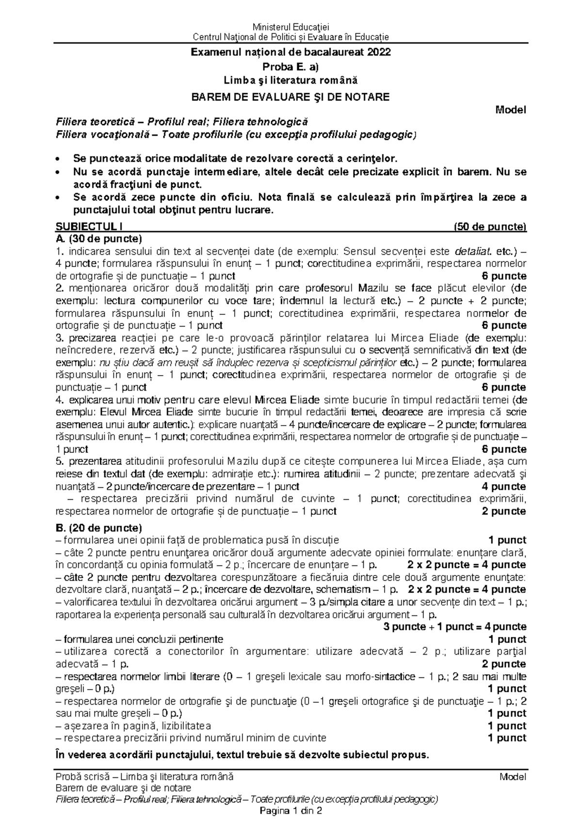 Examen Bacalaureat 2022 Proba E. a) Limba Română - Barem Evaluare Model ...