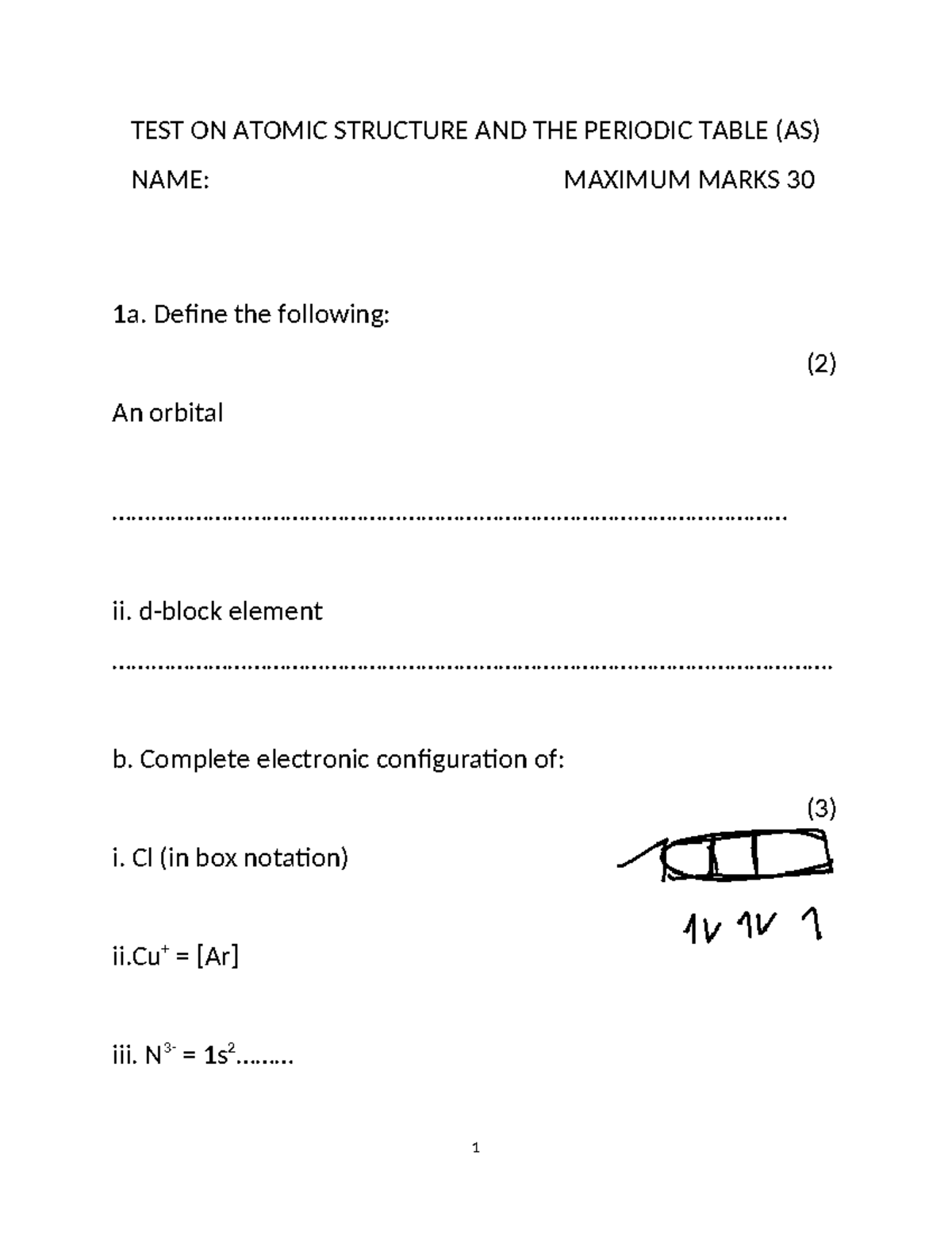 TEST ON ATOMIC STRUCTURE AND THE PERIODIC TABLE (AS) - MAXIMUM MARKS 30 ...