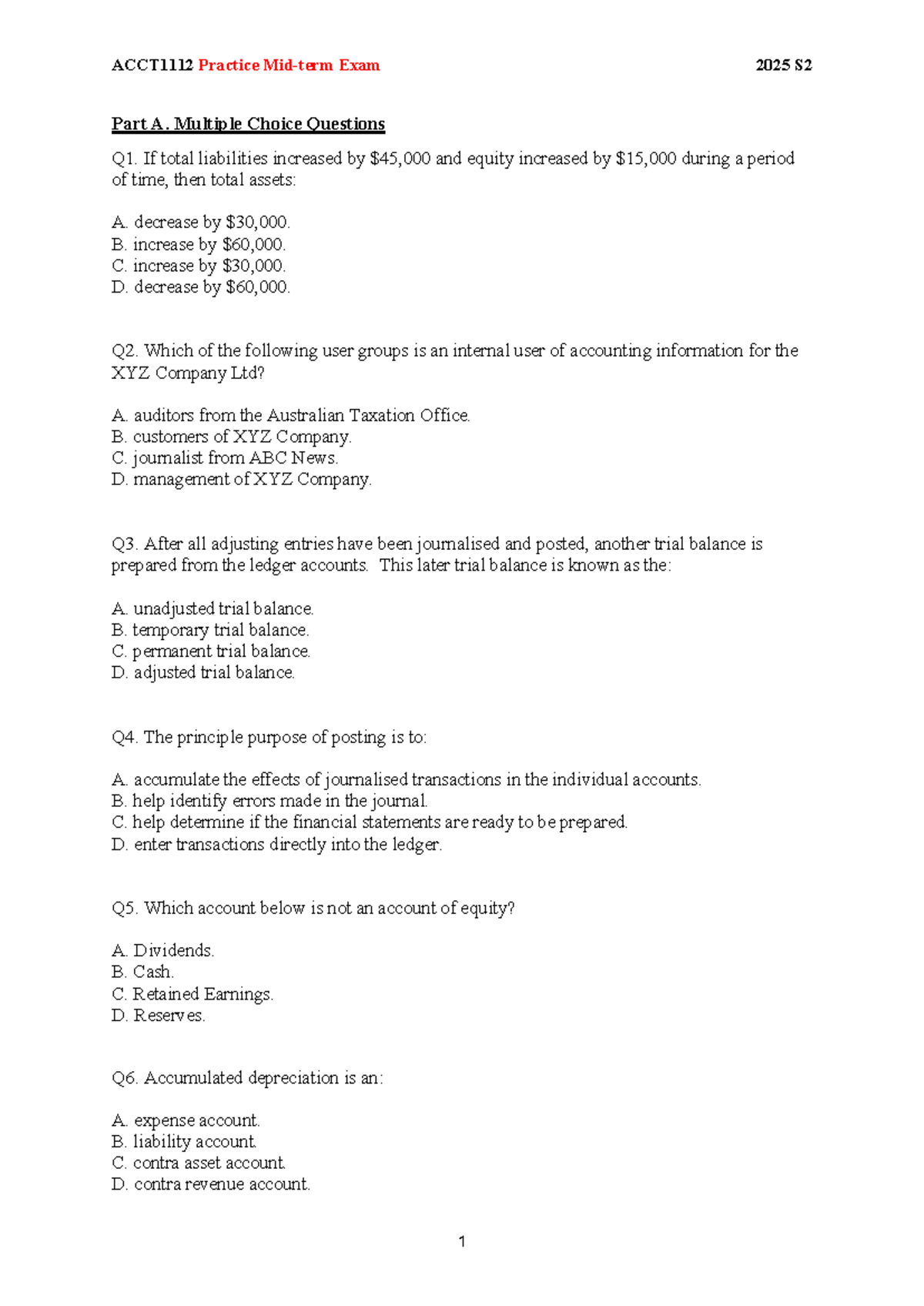 2025S2 ACCT2112 Practice Exam: Multiple Choice & Adjusting Entries ...