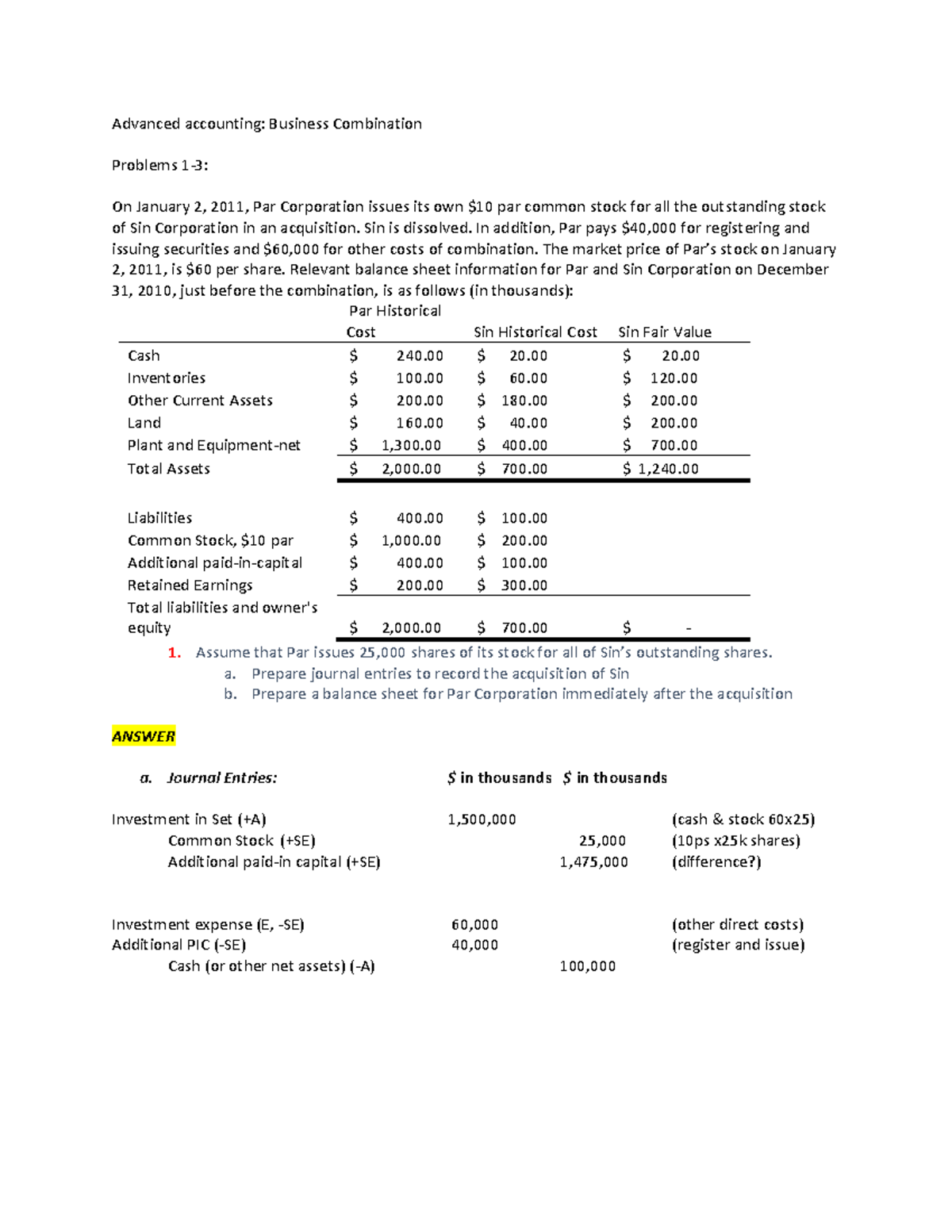 Advanced accounting- ex 3 solution - Advanced accounting: Business Combination Problems 1- 3: On ...
