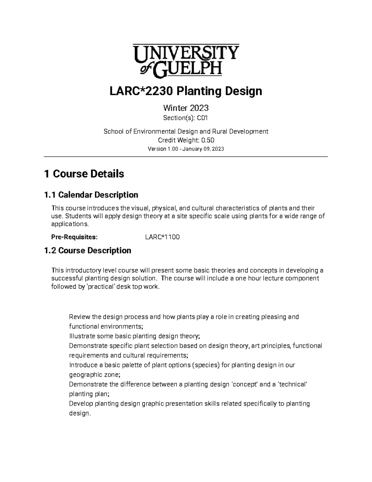 Planting Design Course Outline - LARC 2230 - Winter 2023 - Studocu