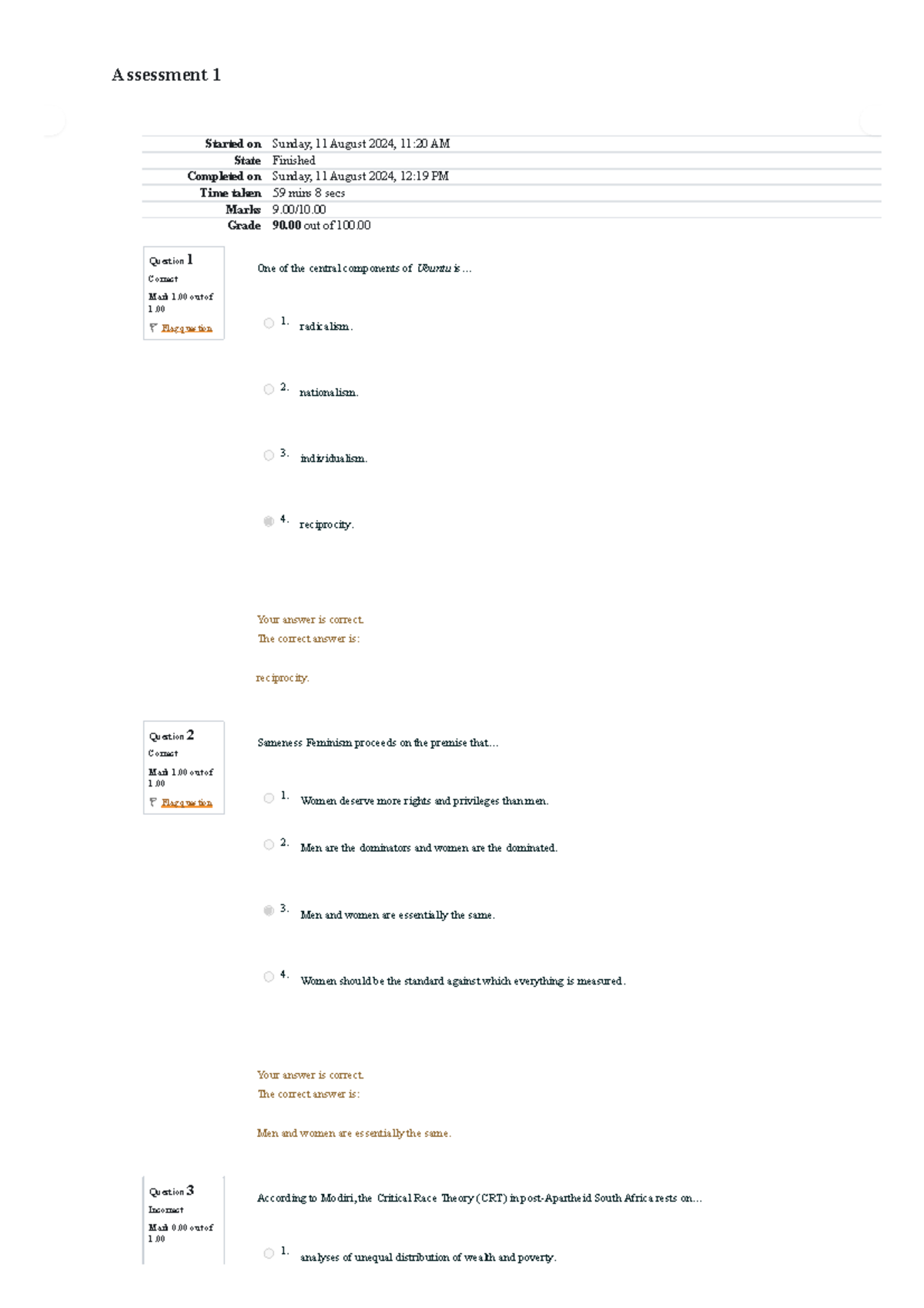 Assessment 1 Attempt review - Question 1 Correct Mark 1 out of 1. Flag ...