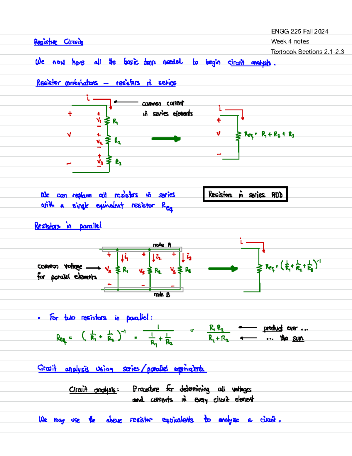 ENGG 225 Fall 2024 Week 4 Notes on Circuits and Resistor Combinations ...