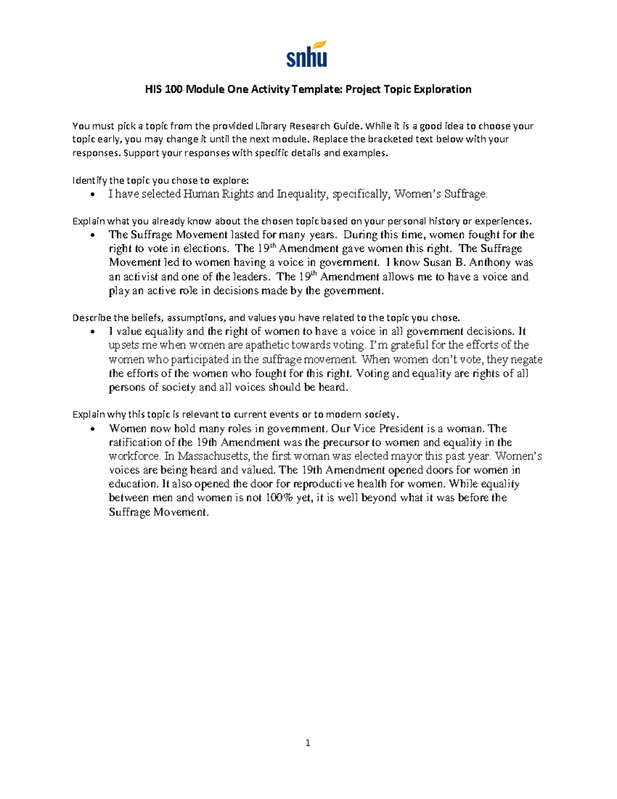 HIS 100 Module One Activity SNHU - 1 HIS 100 Module One Activity ...
