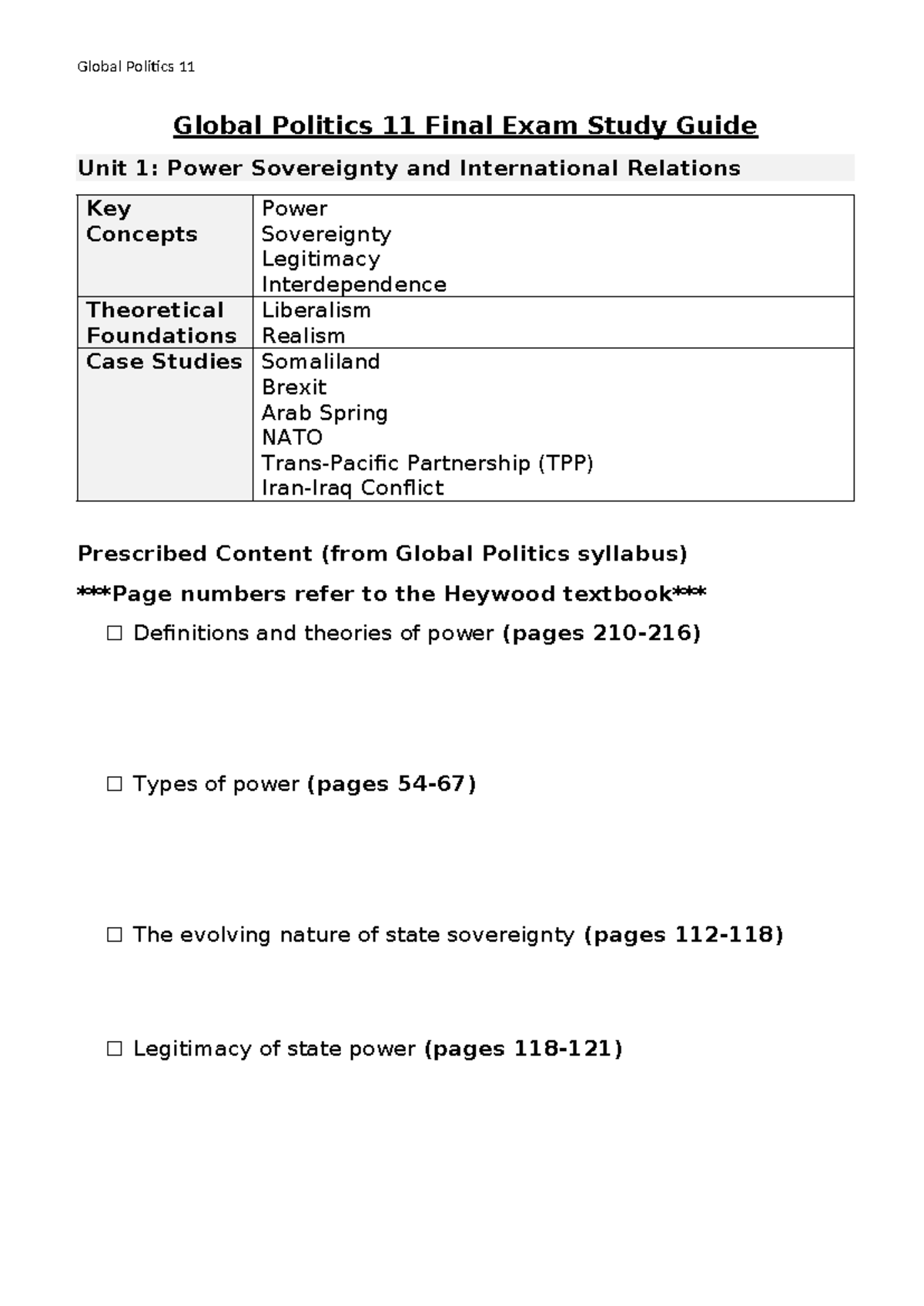 Global Politics 11 Final Exam Study Guide: Power & Human Rights - Studocu