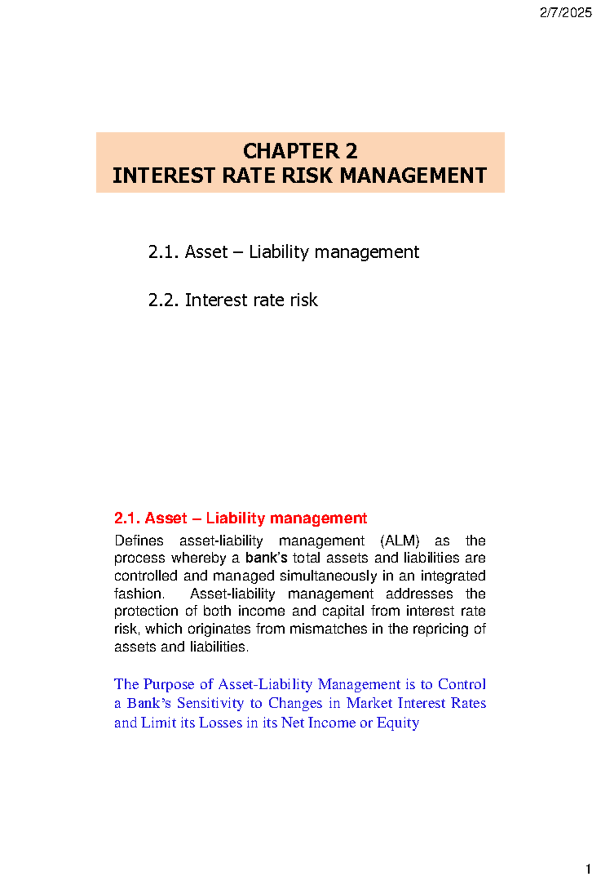 CHAPTER 2 - INTEREST RATE RISK MANAGEMENT: ASSET LIABILITY STRATEGIES ...