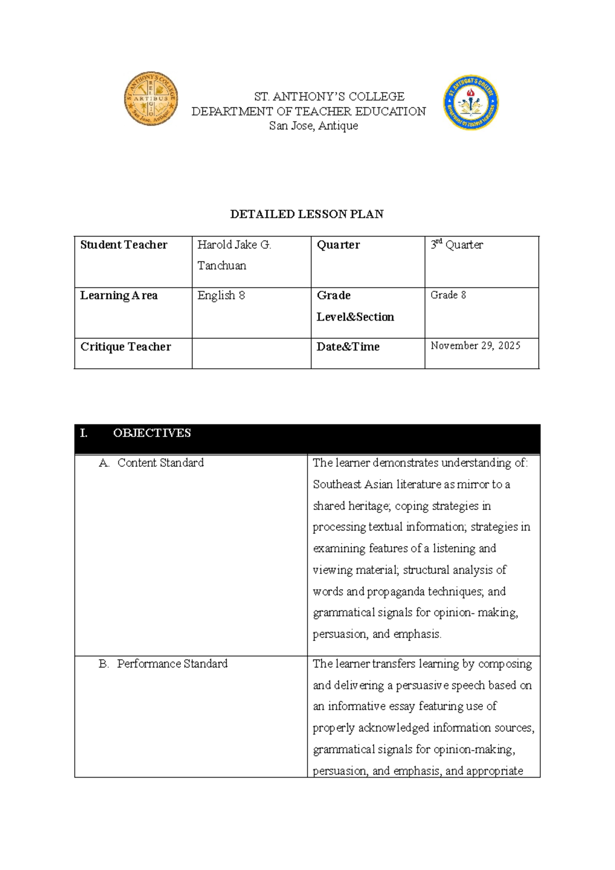 Detailed Lesson Plan: Differentiating Facts and Opinions - English 8 ...