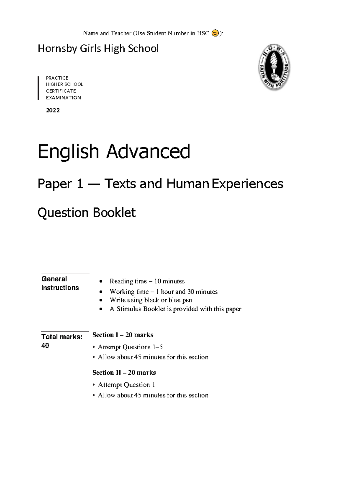 Hornsby Girls HSC 2022 English Adv Trial Exam Paper 1: Texts & Human ...