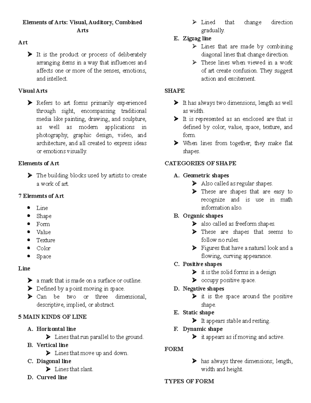 Elements of Arts: Visual, Auditory, and Combined Arts Review - Studocu
