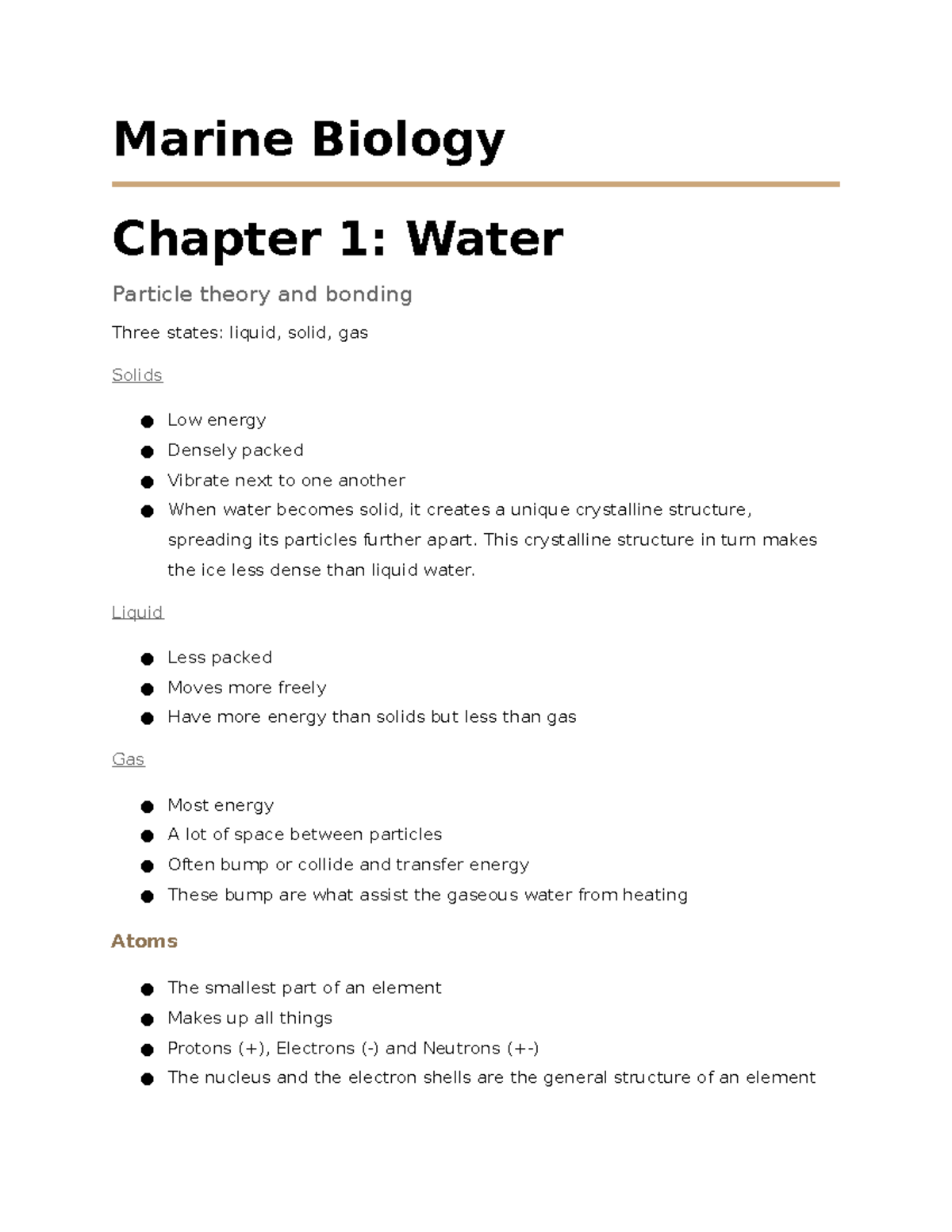 Marine Biology chapter one notes - Marine Biology Chapter 1: Water ...
