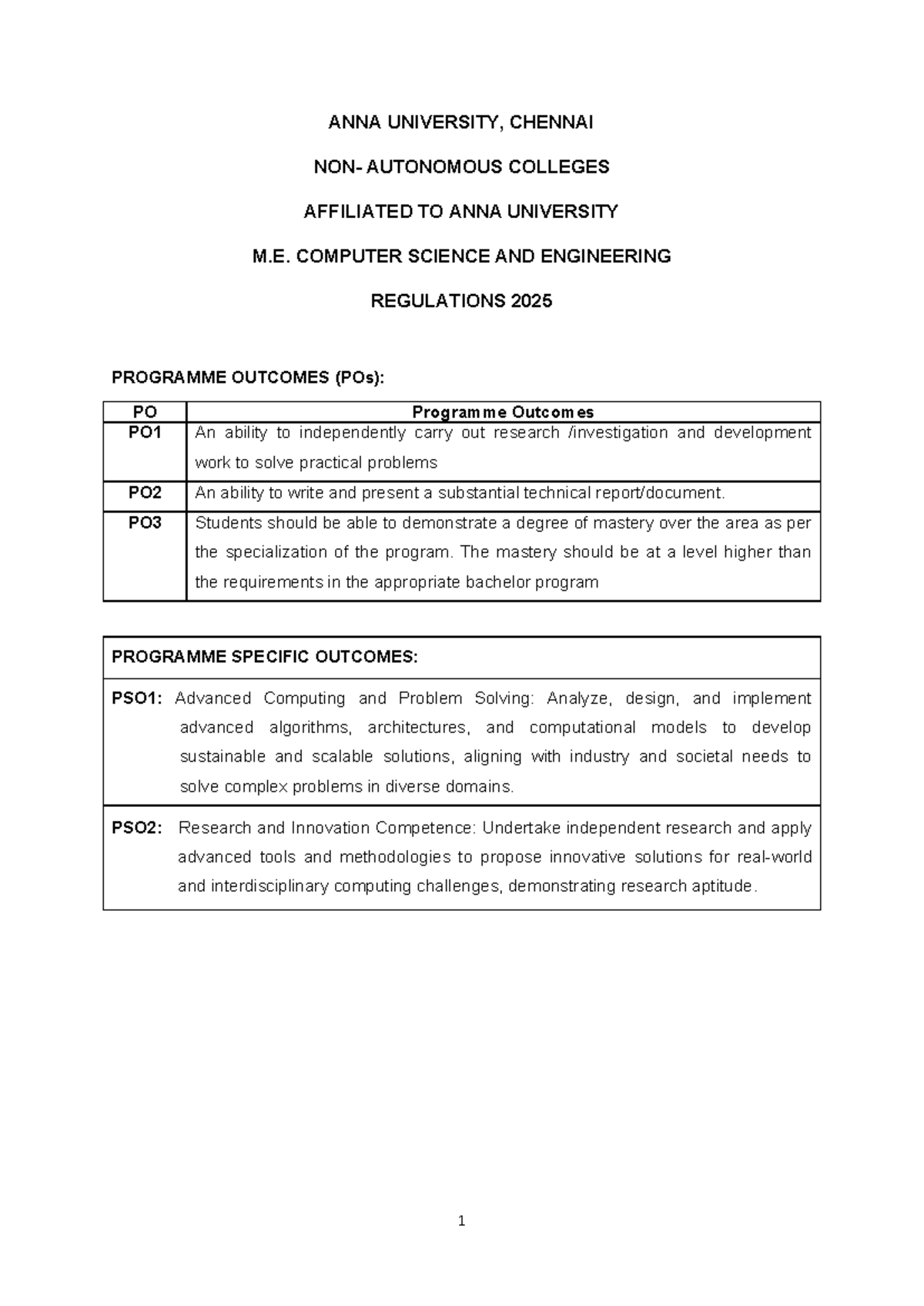 M.E. CSE Regulations 2025: Programme Outcomes & Course Details - Studocu