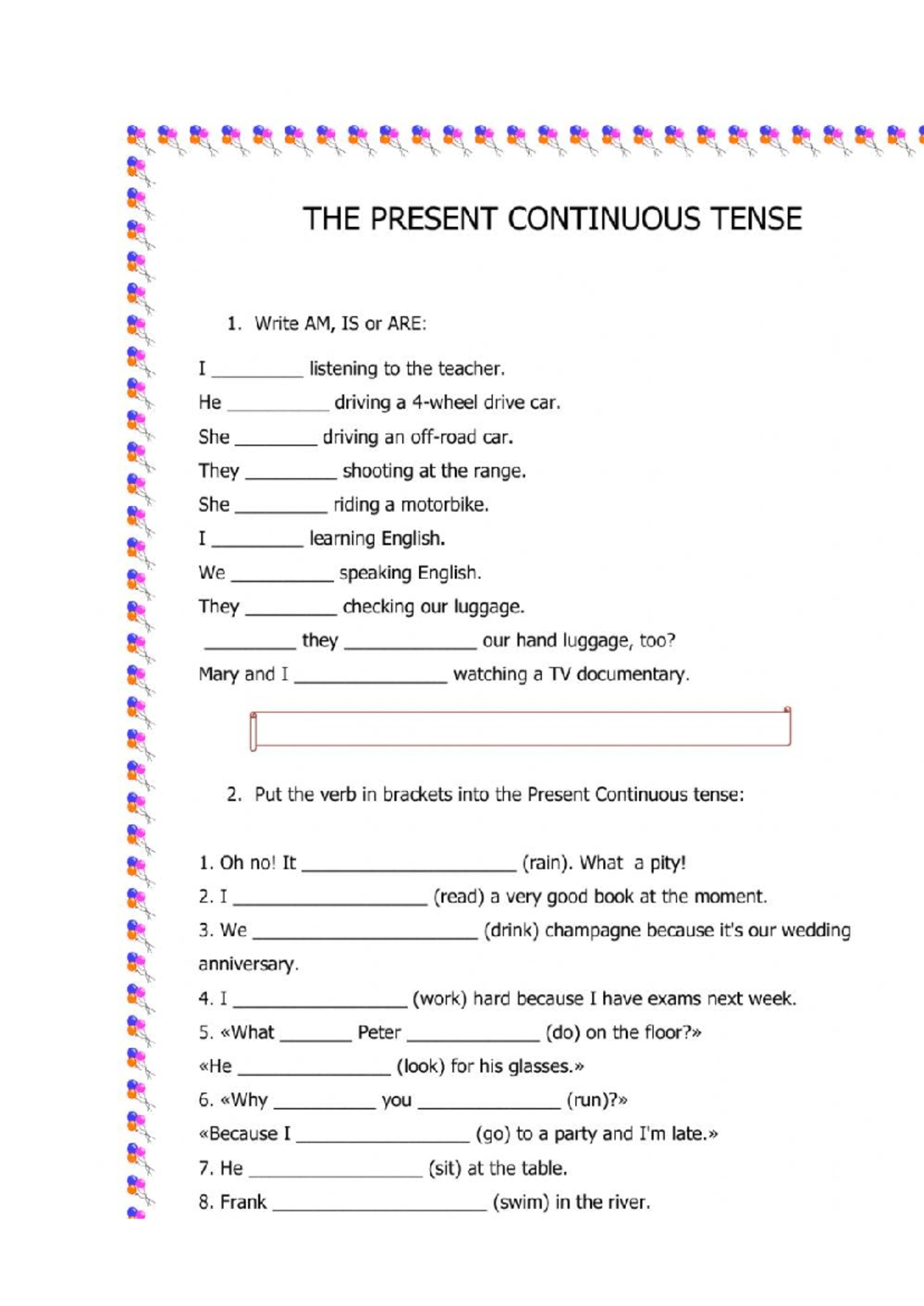 Present Continuous: Fichas de Trabalho e Atividades - Studocu