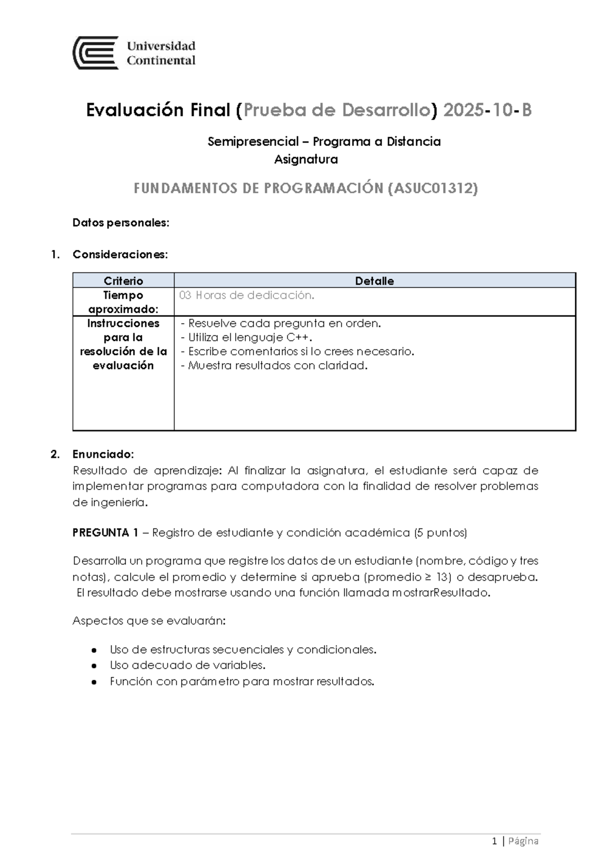 Evaluación Final ASUC01312: Fundamentos de Programación - Studocu