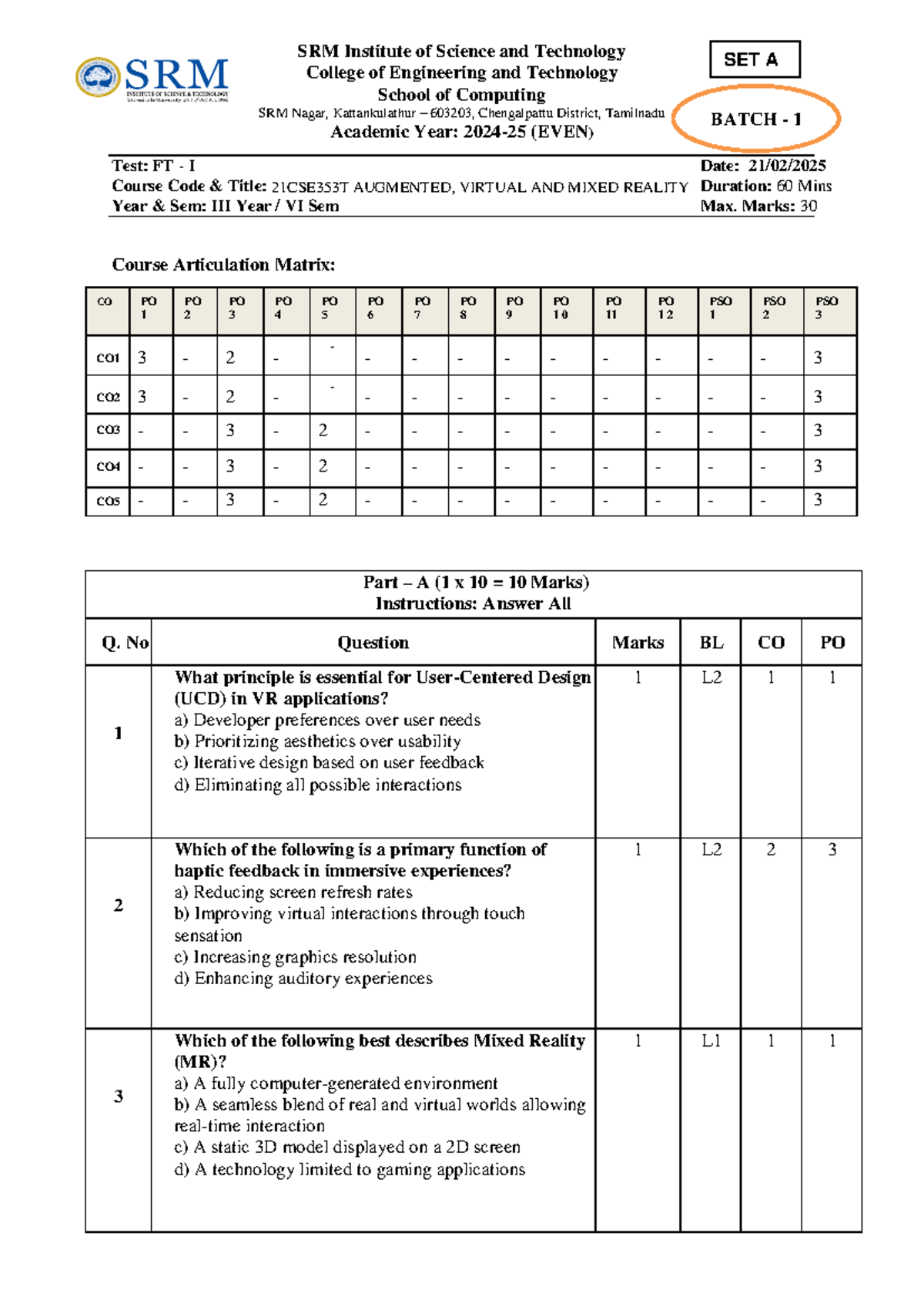 21CSE353T FT I Augmented, Virtual & Mixed Reality Test Paper - SET A ...