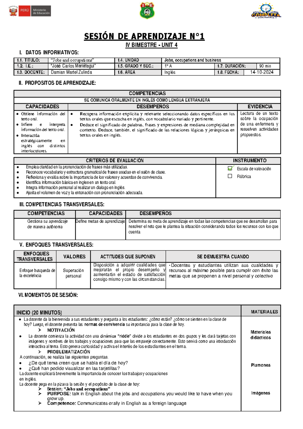 Jobs and Occupations Lesson Plan - 1st Grade English (Unit 4) - Studocu