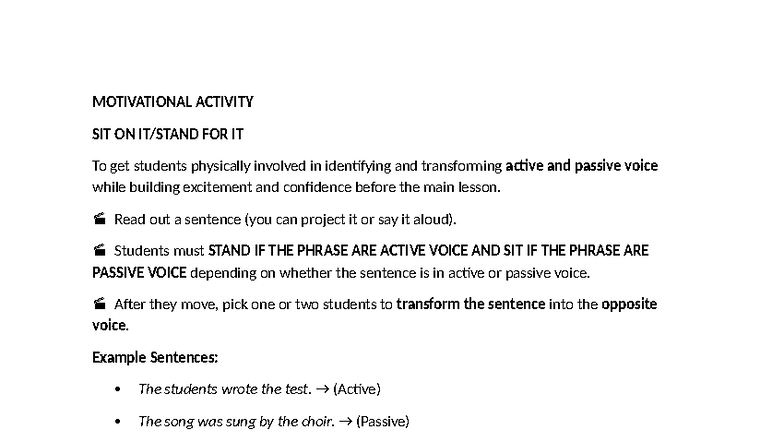 Motivational Activity: Active vs. Passive Voice Exercise - Studocu