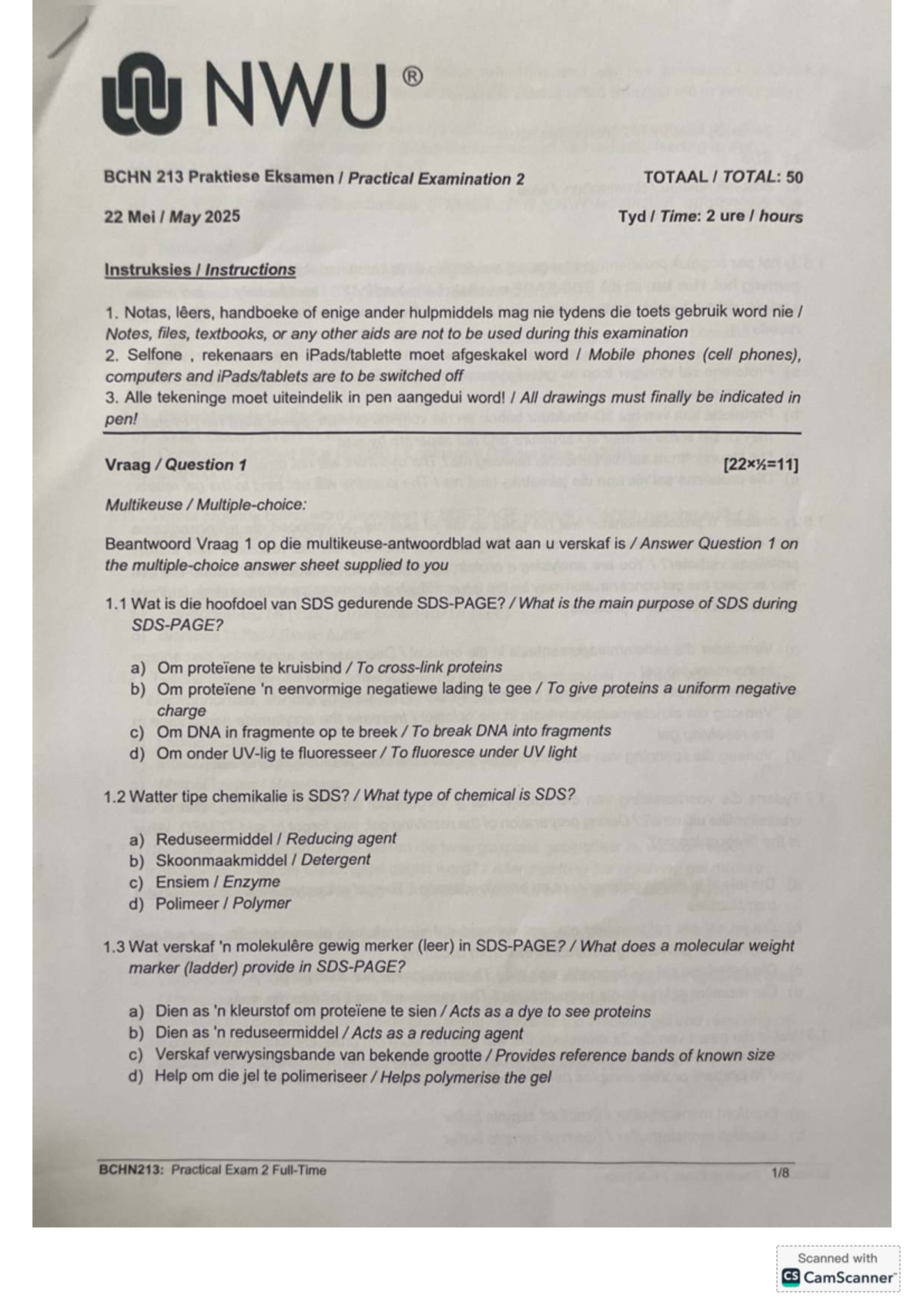 BCHN213: Praktiese Eksamen 2 - SDS-PAGE en Proteïenanalise - Studocu