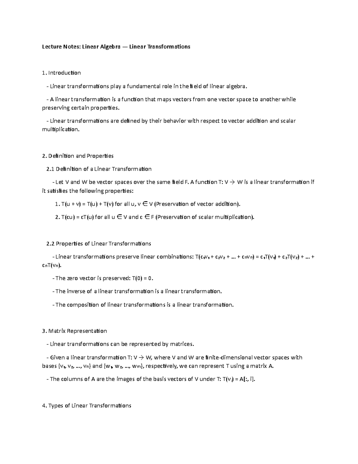 Lecture Notes Linear Algebra Lal101 Linear Transformations