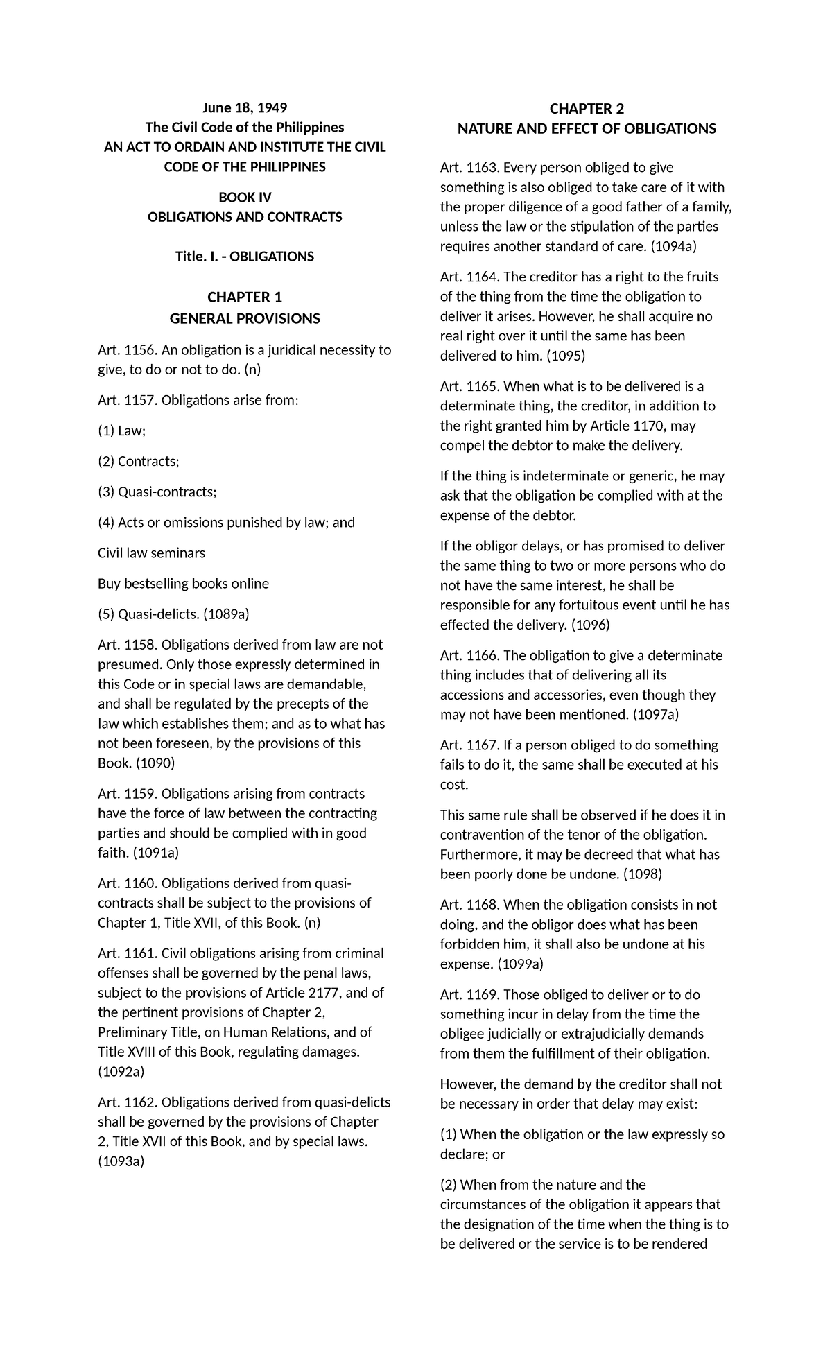 Obli Con Civil Code - June 18, 1949 The Civil Code of the Philippines ...