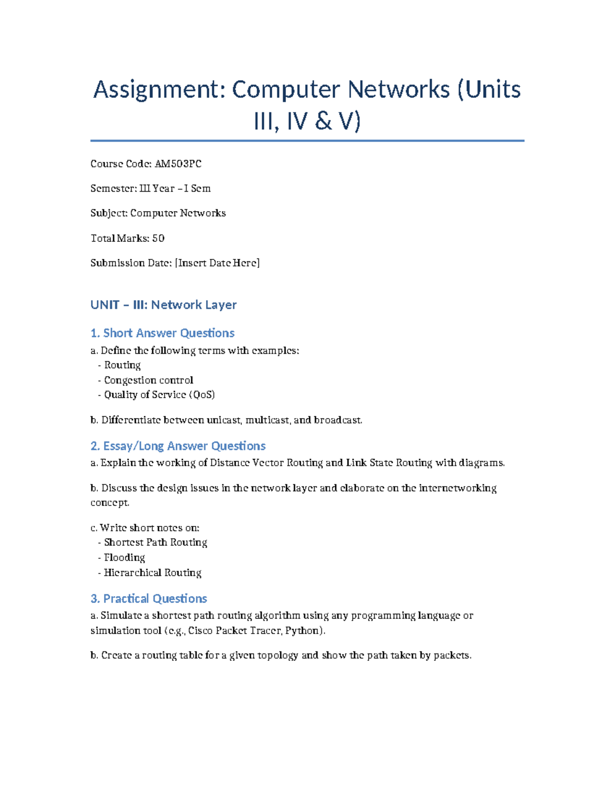 Computer Networks Assignment AM503PC: Units IV & V Overview - Studocu