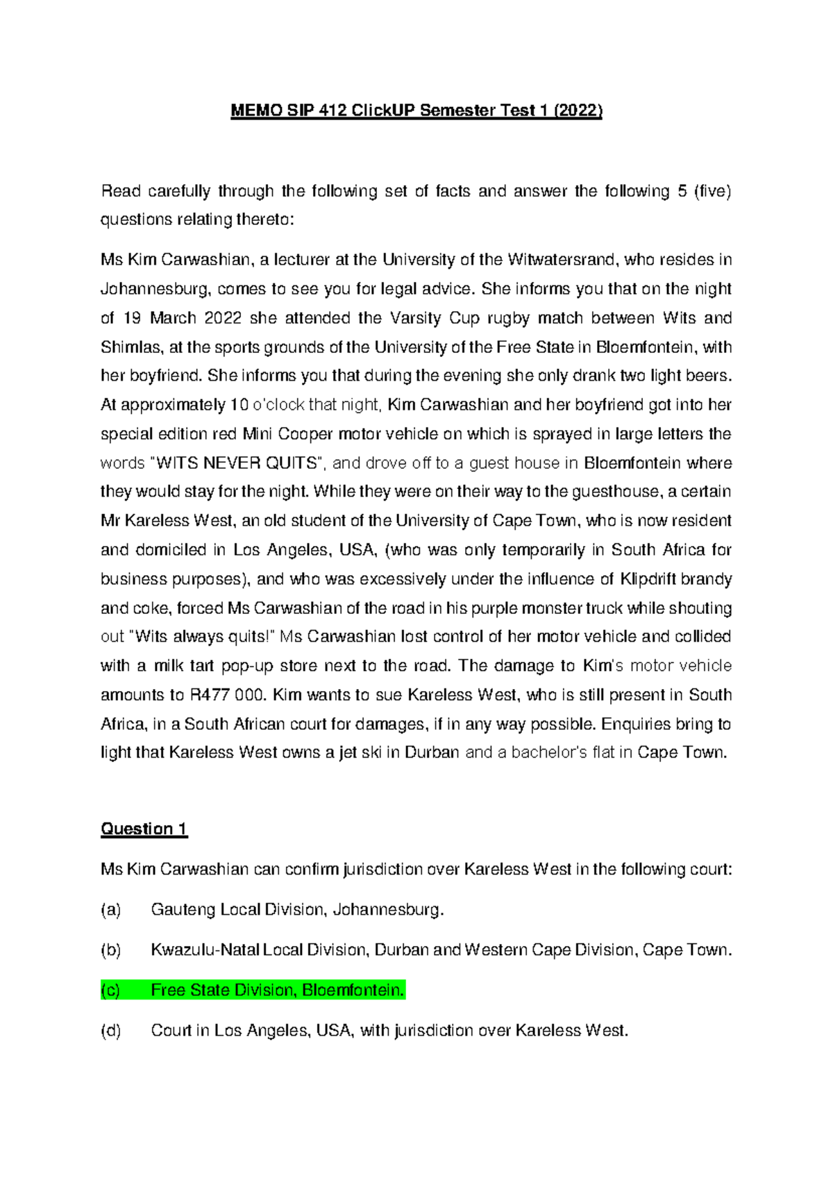 SIP 412 Semester Test 1 Memo & Questions (2022) - Studocu