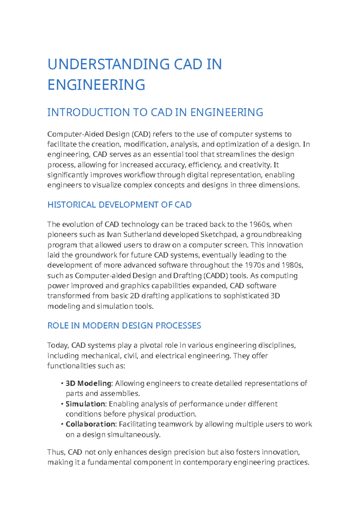 Understanding CAD in Engineering: A Comprehensive Overview - Studocu