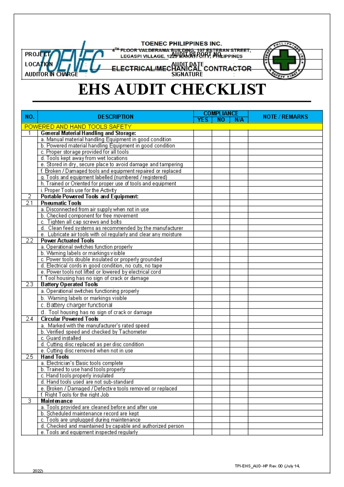 TPI-EHS-AUD 008: Power Tools Safety Audit Checklist - Studocu