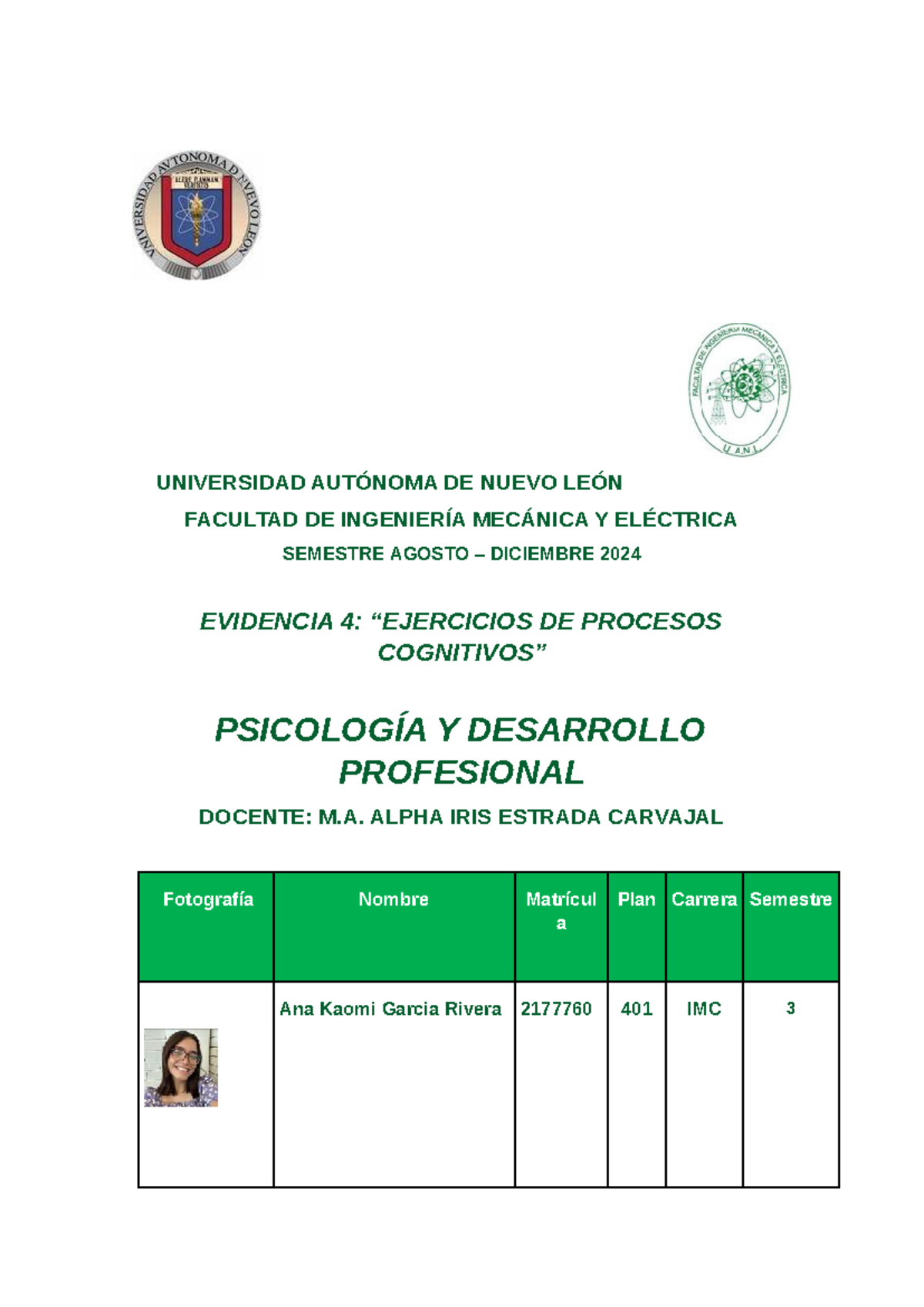 Evidencia 4: Procesos Cognitivos en Psicología y Desarrollo Profesional ...