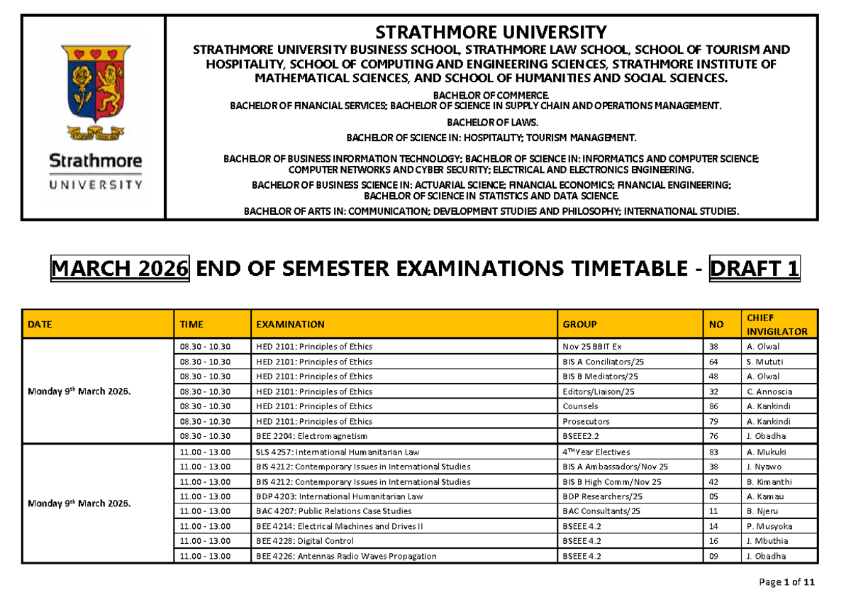 March 2026 Examination Timetable Draft 1 for Strathmore University ...