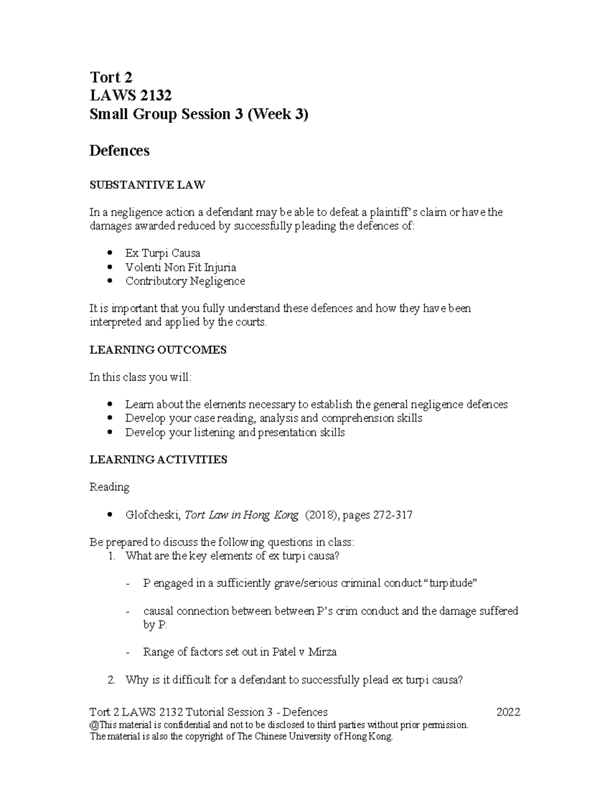 Tort 2 LAWS 2132 Week 3 Tutorial: Defences in Negligence - Studocu