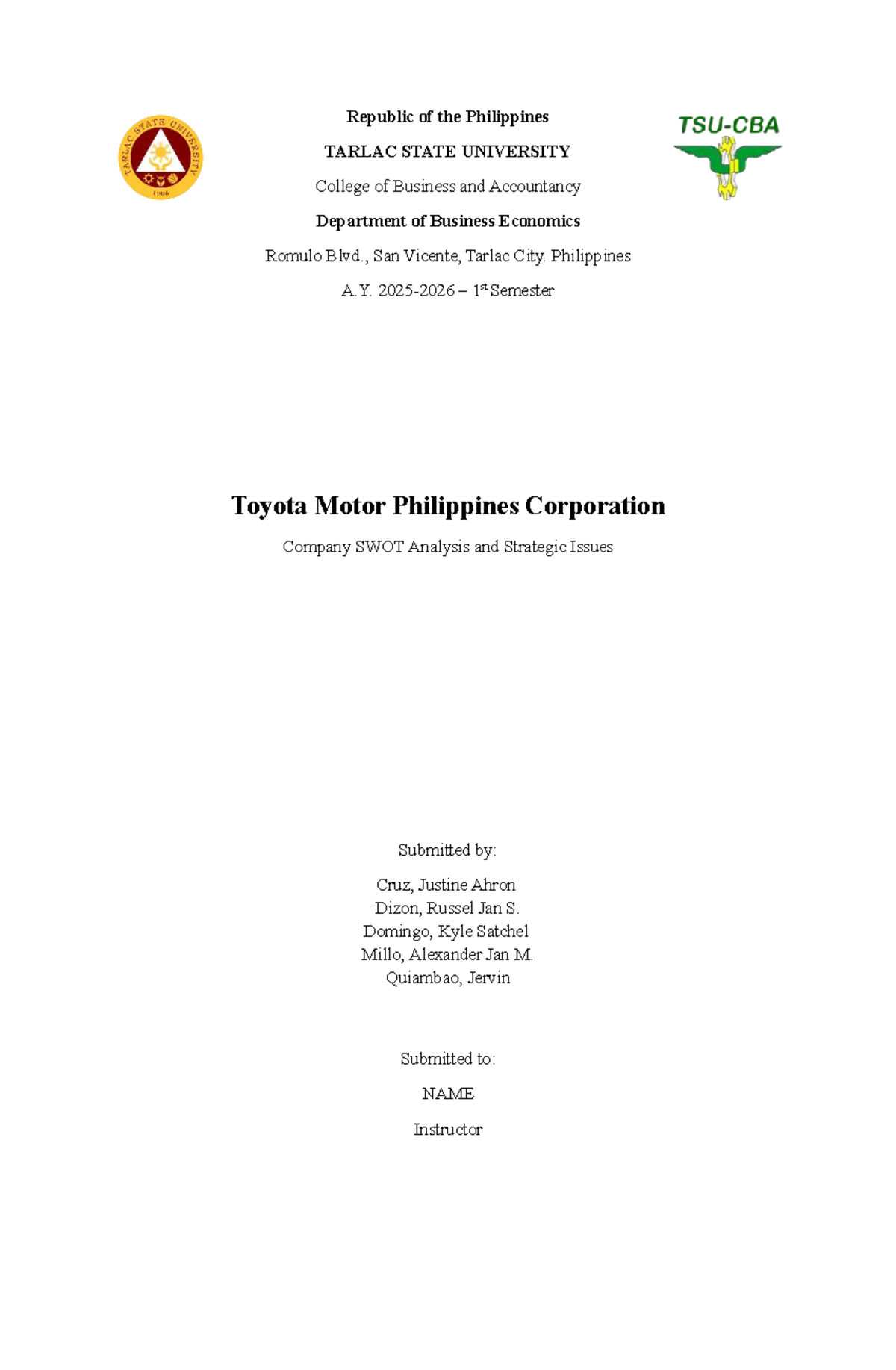 SWOT Analysis of Toyota Motor Philippines Corp. (BUS 101) - Studocu