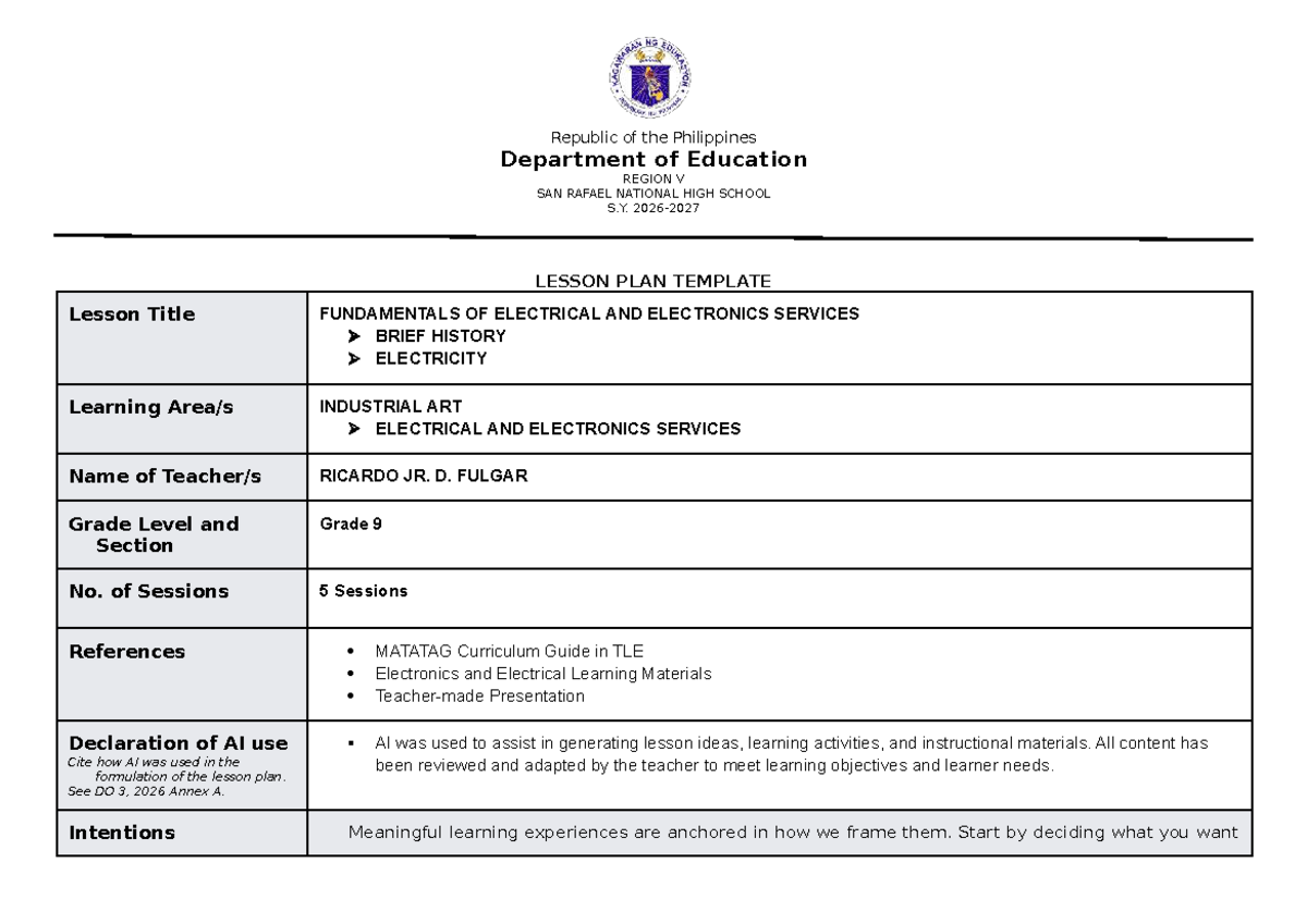 Grade 9 TLE Lesson Plan: Fundamentals of Electrical & Electronics ...