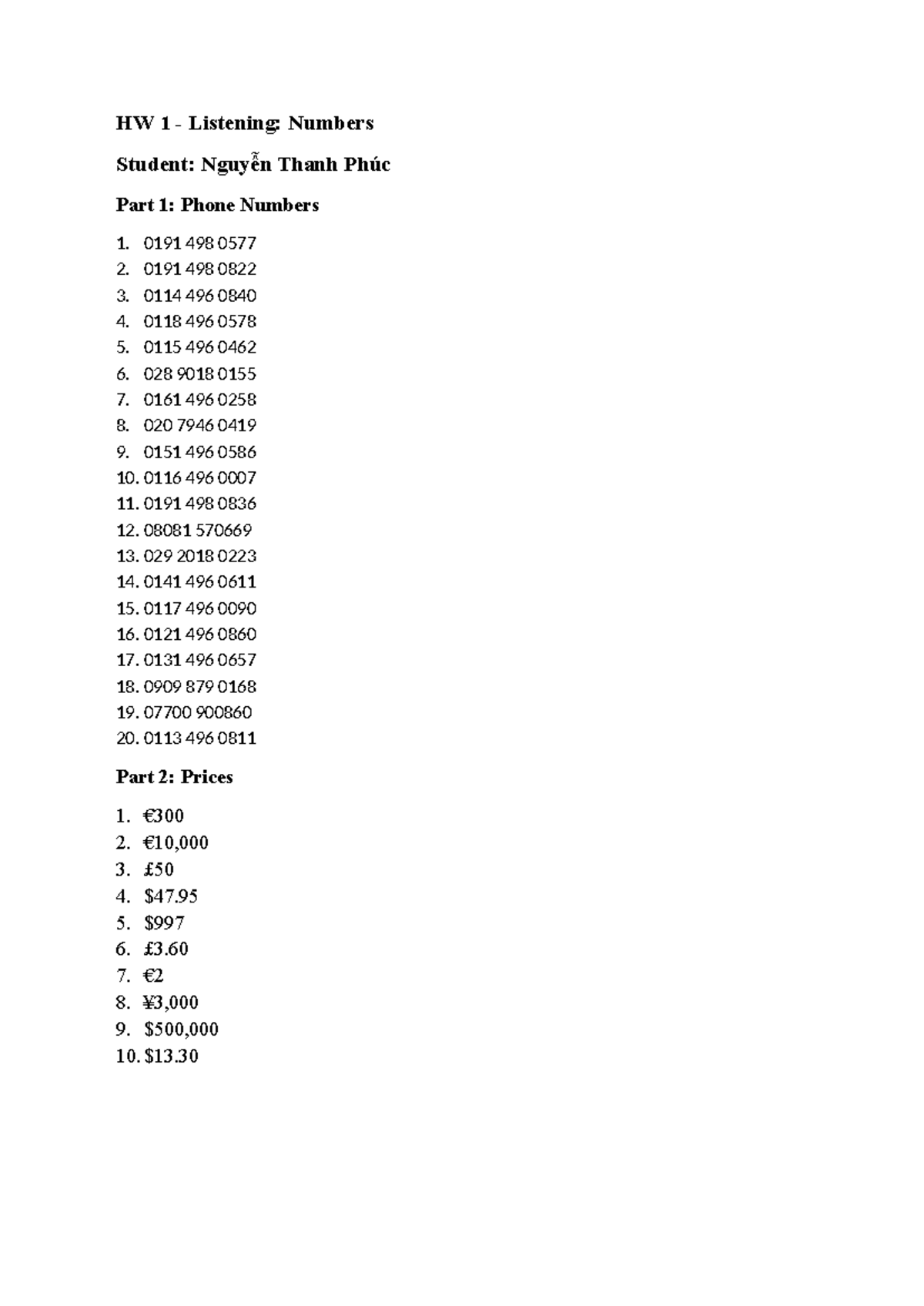 HW 1 - Listening: Phone Numbers & Prices - Studocu