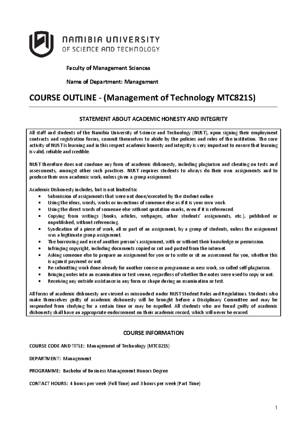 MTC821S - Management of Technology Course Outline 2025 - Studocu