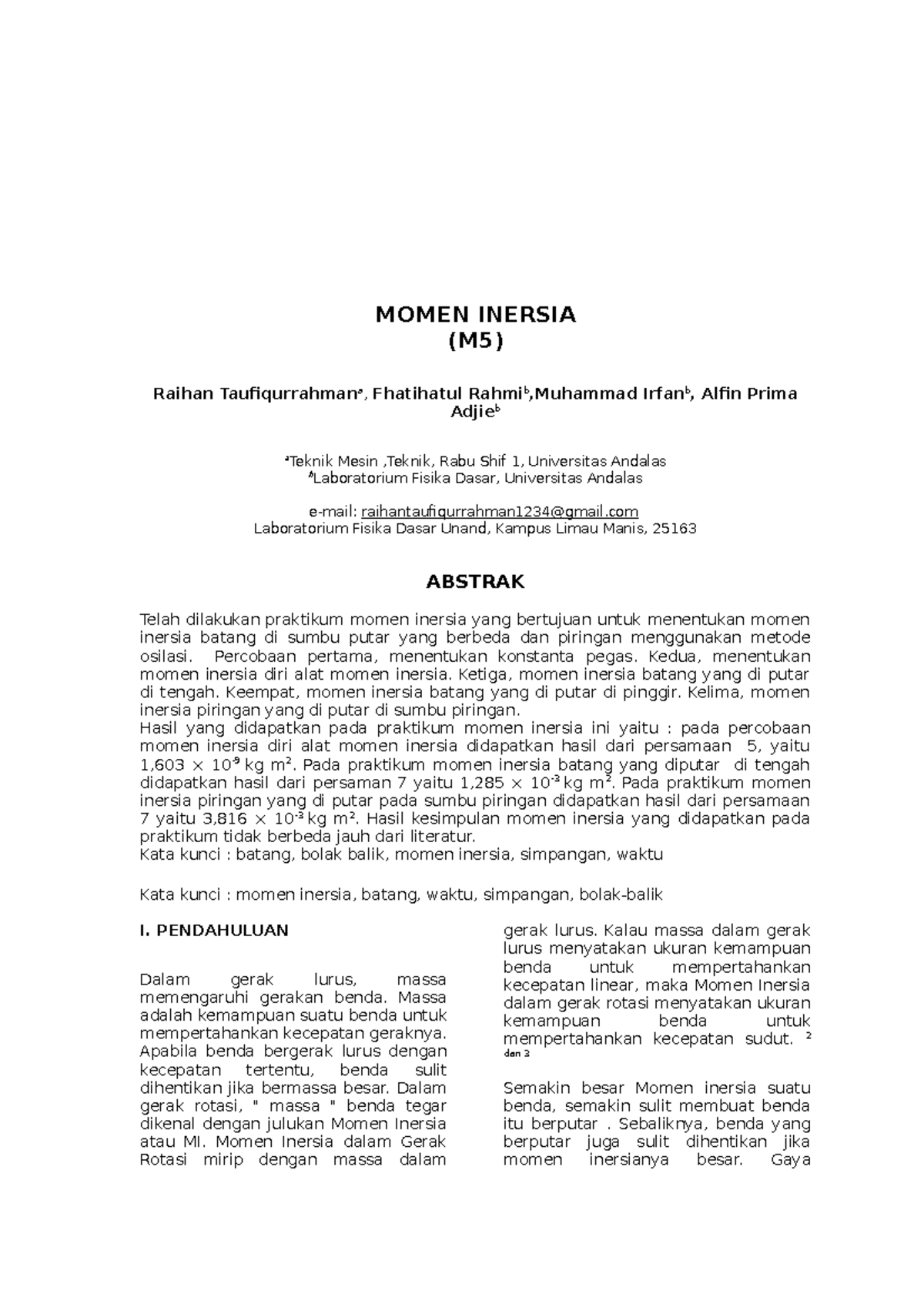 Jurnal Praktikum Momen Inersia (M5) di Laboratorium Fisika Dasar - Studocu