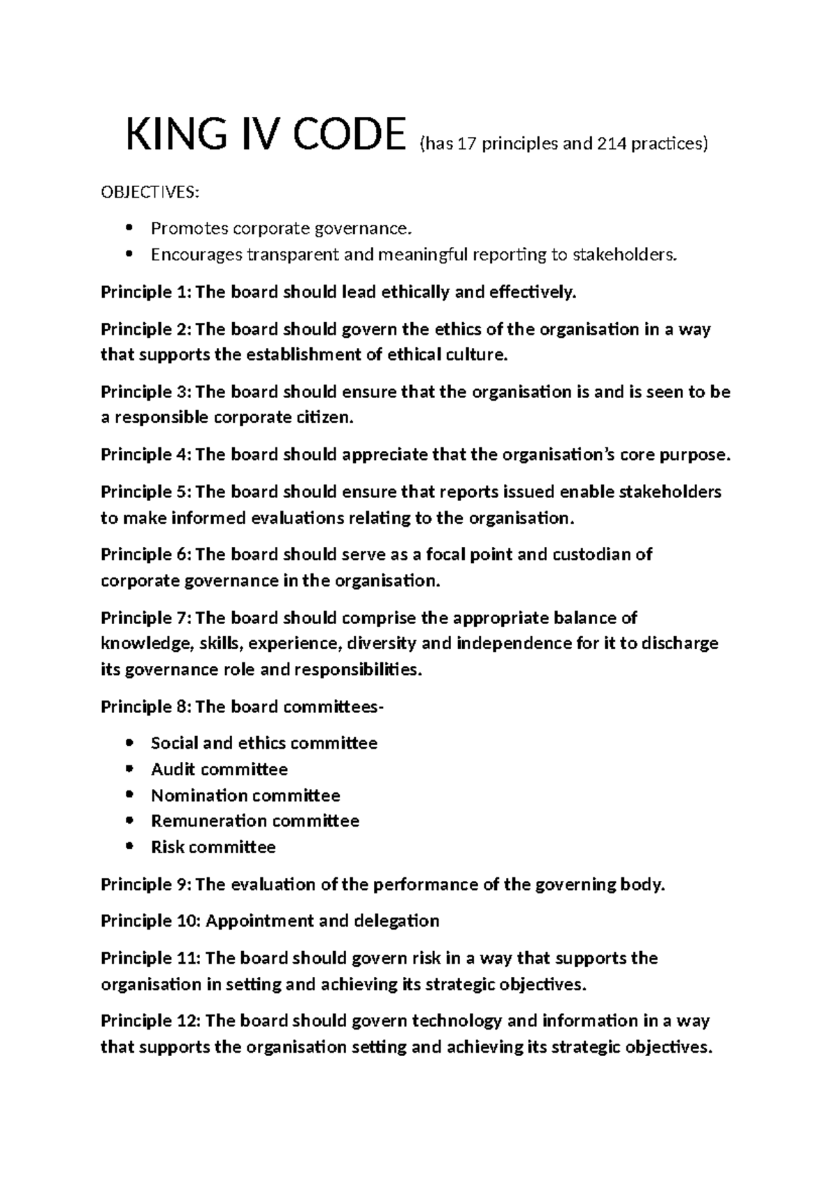 KING IV CODE: Summary of Key Principles and Practices - Studocu