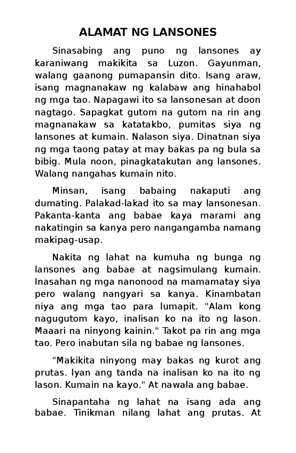 Alamat ng Lansones: Isang Kwento ng Pag-ibig at Takot - Studocu