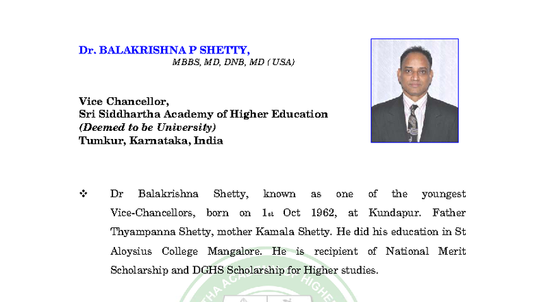 Dr. Balakrishna Shetty - CV Overview and Achievements - Studocu