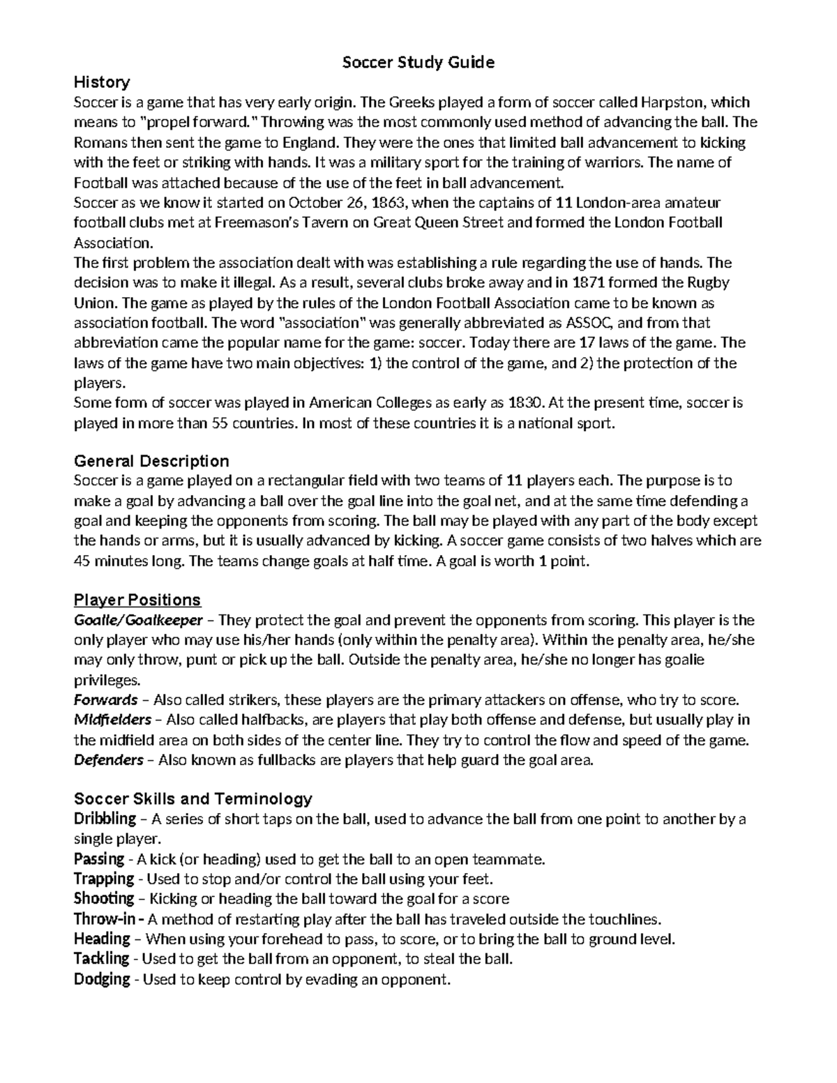 Soccer History Study Guide: Origins, Rules, and Skills - Studocu
