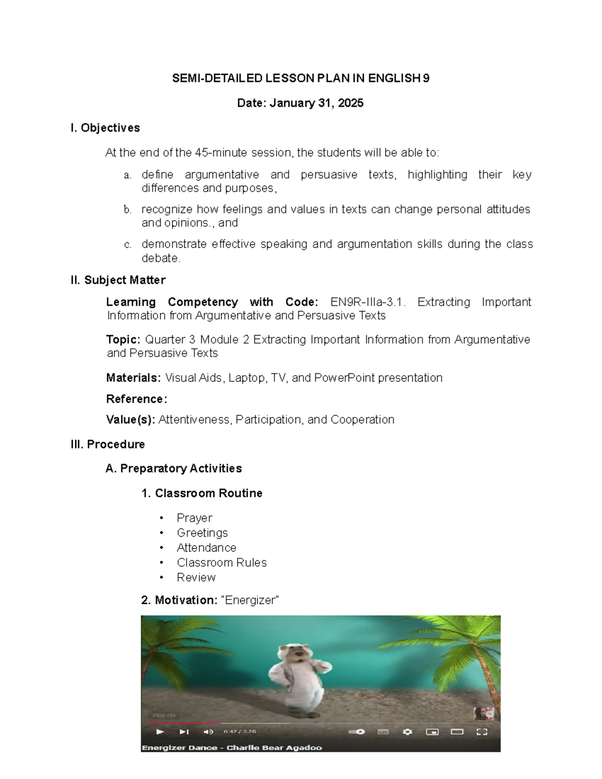 Lesson Material - SEMI-DETAILED LESSON PLAN IN ENGLISH 9 Date: January ...
