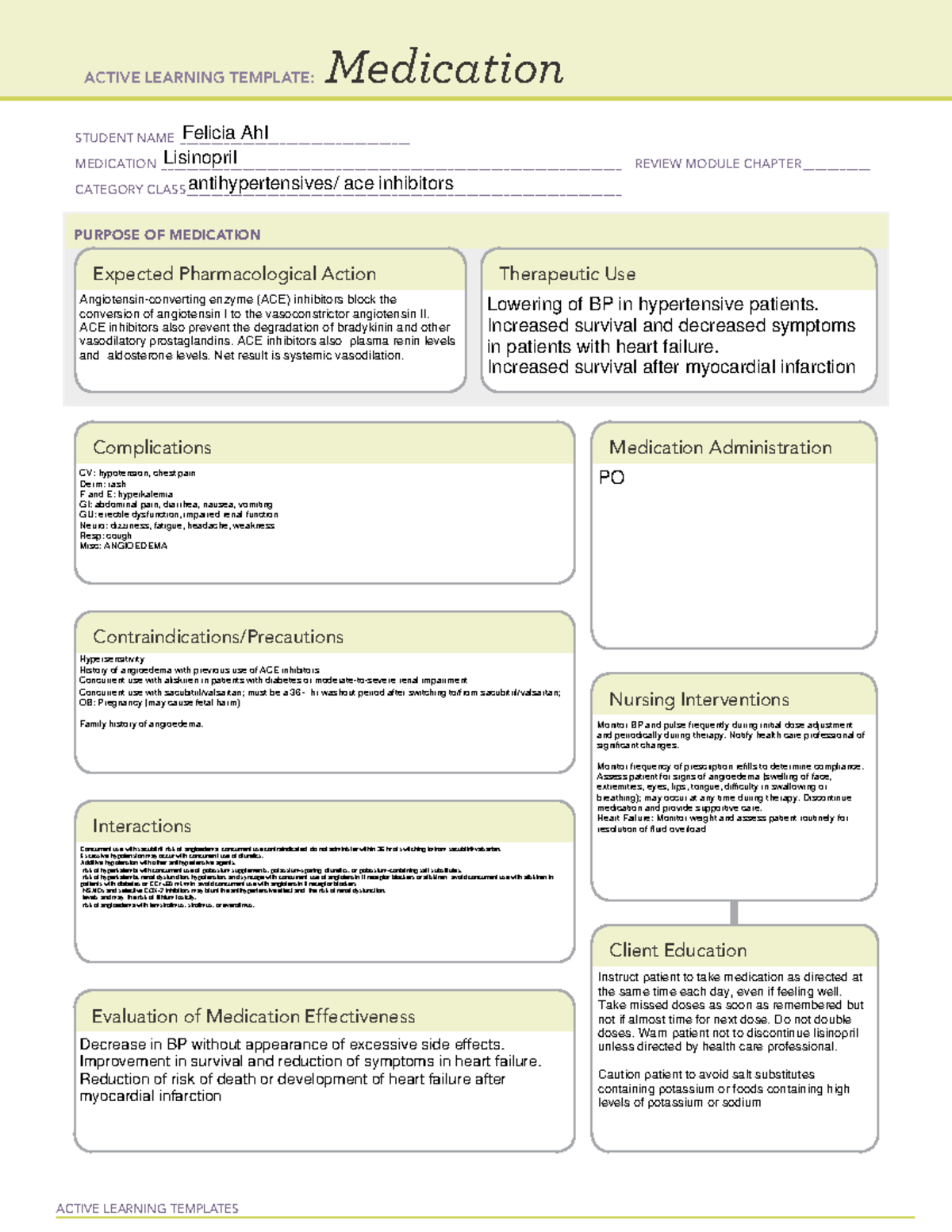 Lisinopril (ACE Inhibitor) Medication Review Cards for Nursing Students ...
