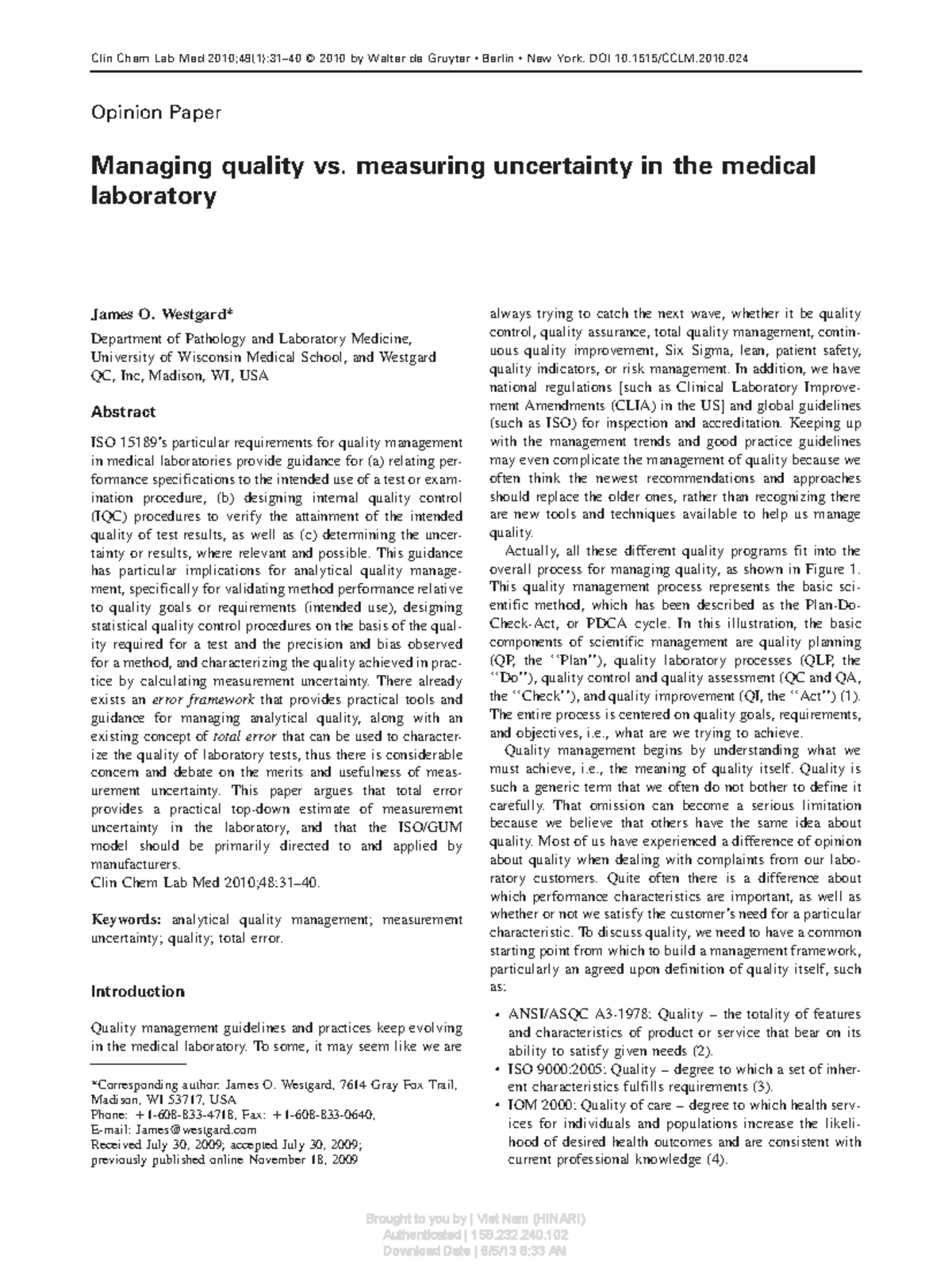 Managing Quality vs. Measuring Uncertainty in Medical Labs - Clin Chem ...