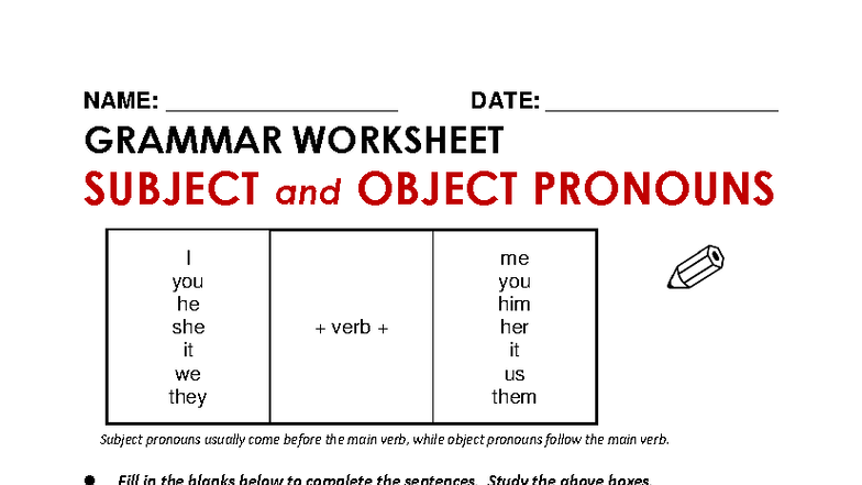 Grammar Worksheet: Subject and Object Pronouns (ENG 101) - Studocu