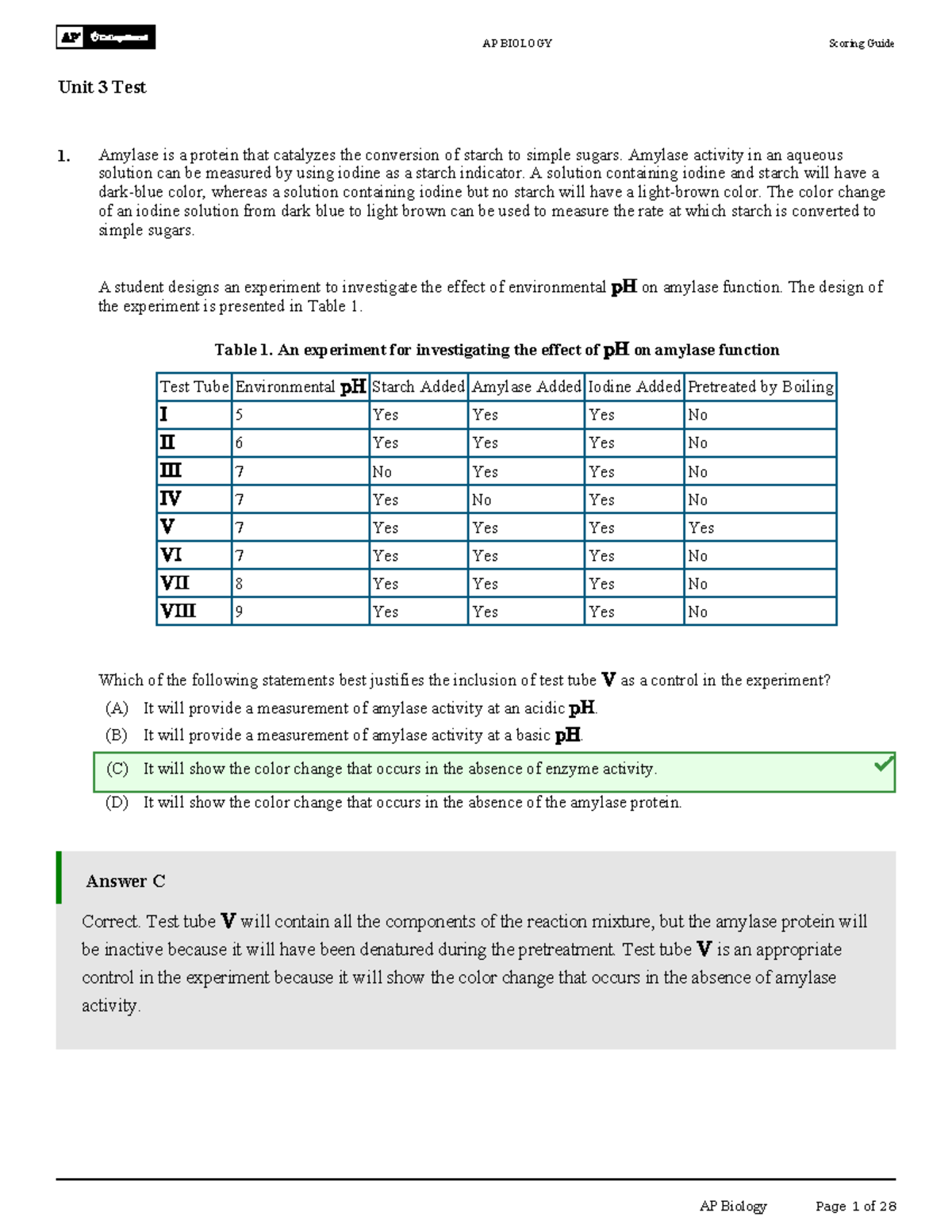 AP BIOLOGY Unit 3 Test 1 Scoring Guide: Amylase & Enzyme Function - Studocu