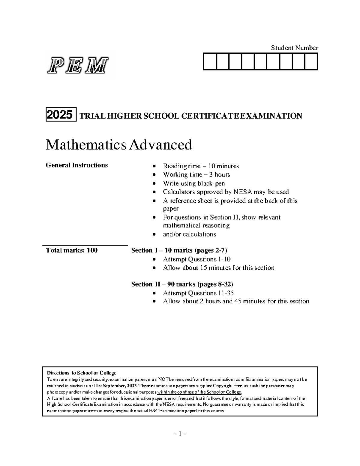 PEM 2025 Mathematics Advanced Trial HSC Exam Paper - Studocu