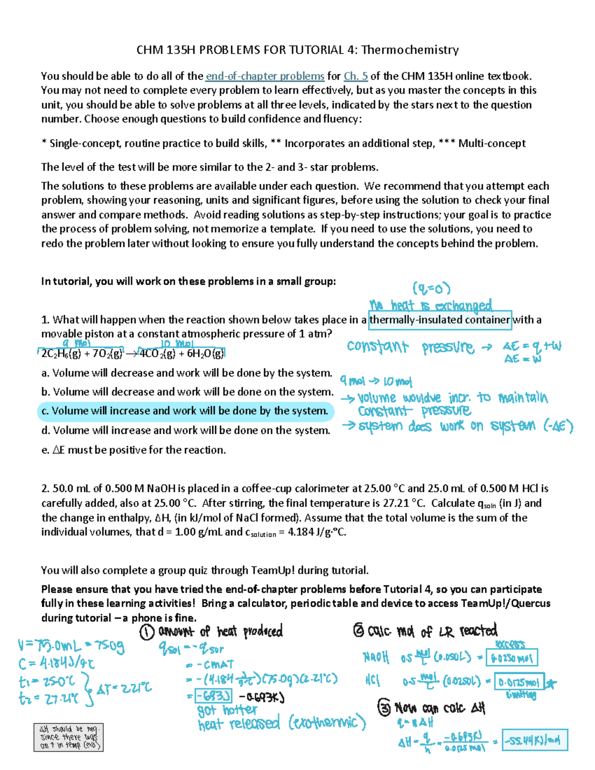 CHM 135H Tutorial 4 Problems: Thermochemistry Practice - Studocu