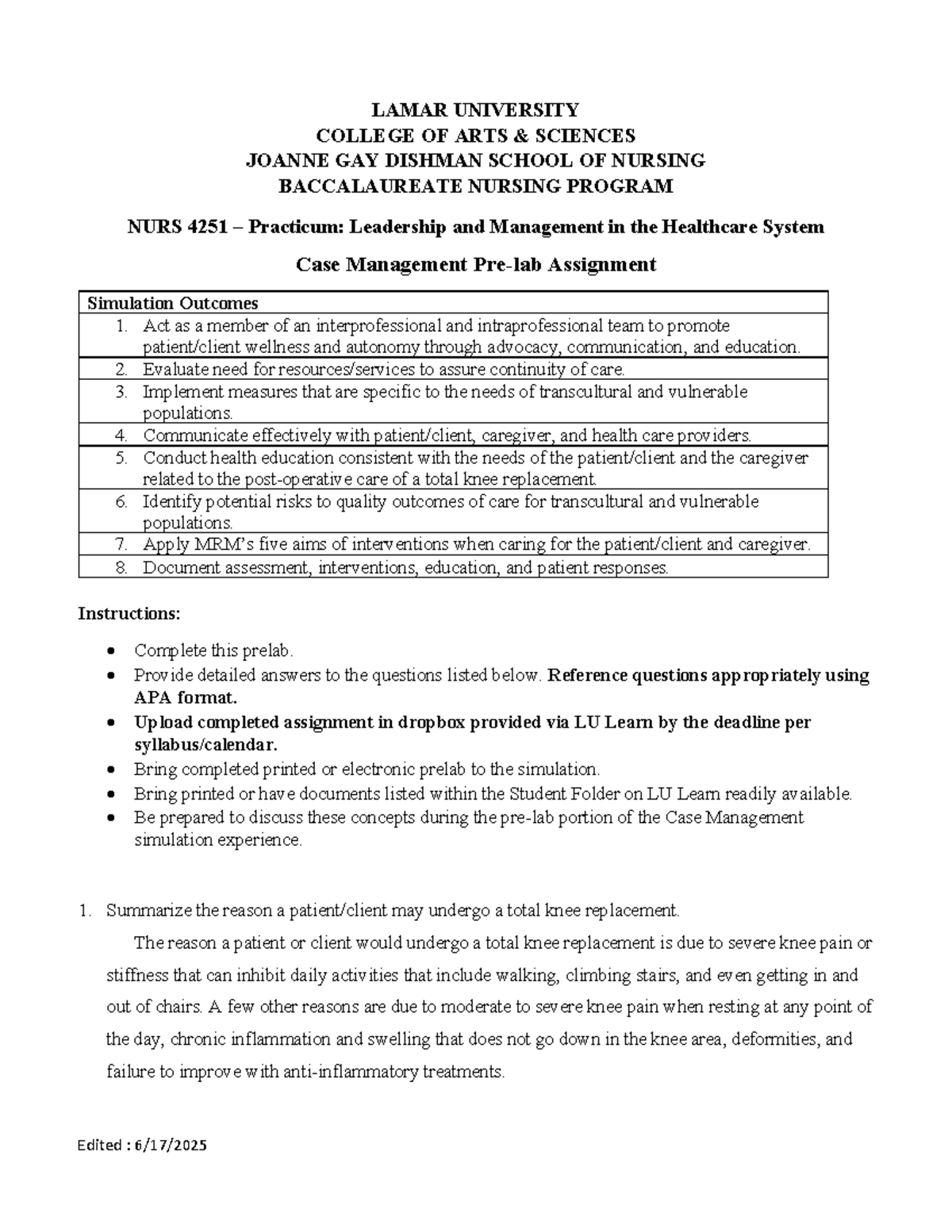 NURS 4251: Case Management & Discharge Planning for Total Knee ...