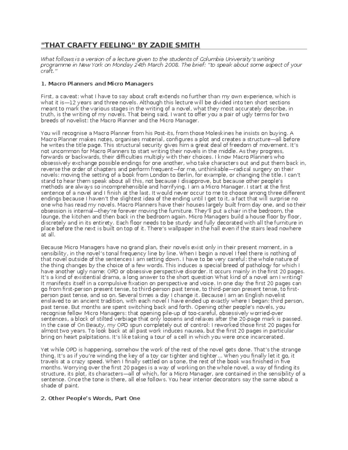 CRAFTY WRITING INSIGHTS: LECTURE BY ZADIE SMITH (2008) - Studocu