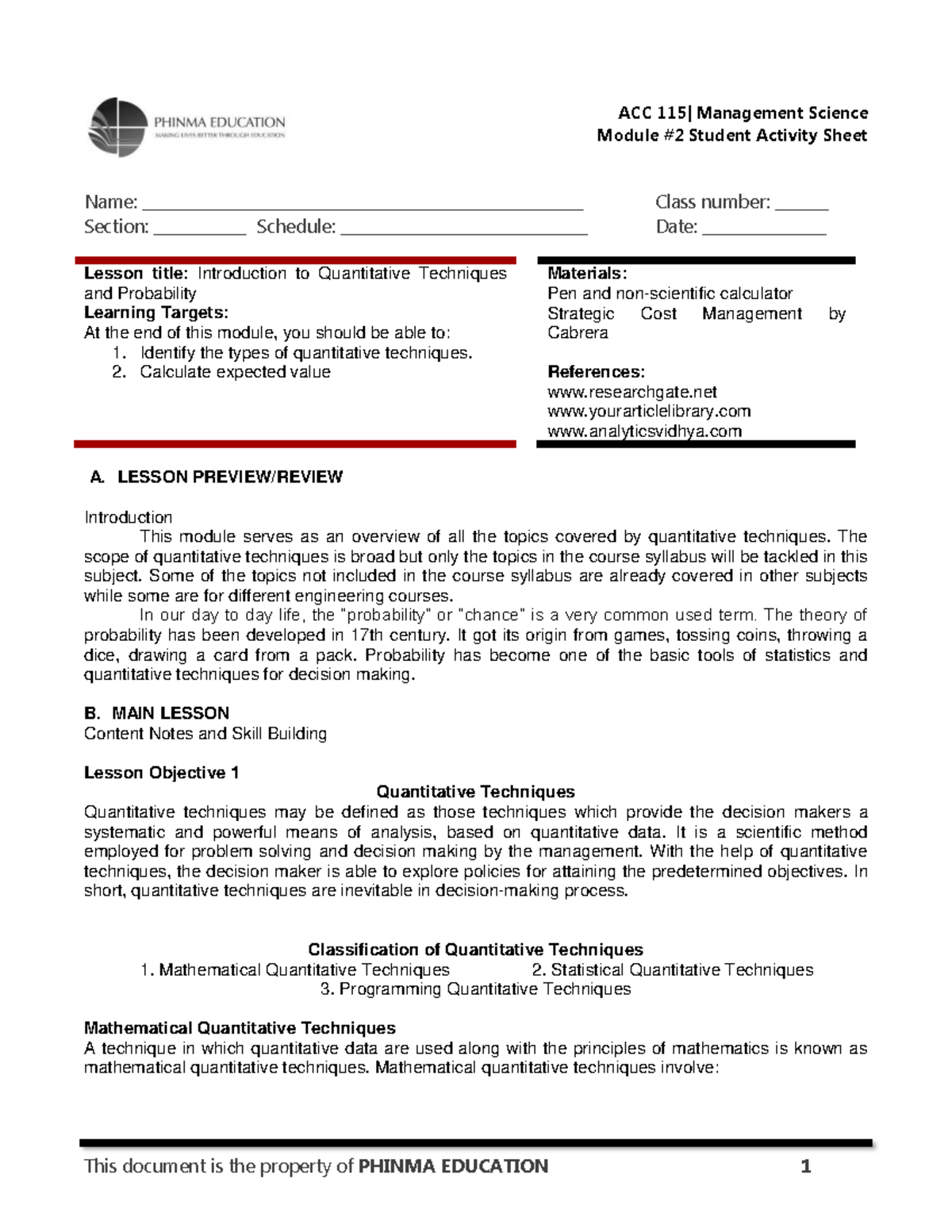 ACC115 Management Science Lesson: Quantitative Techniques & Probability - Studocu