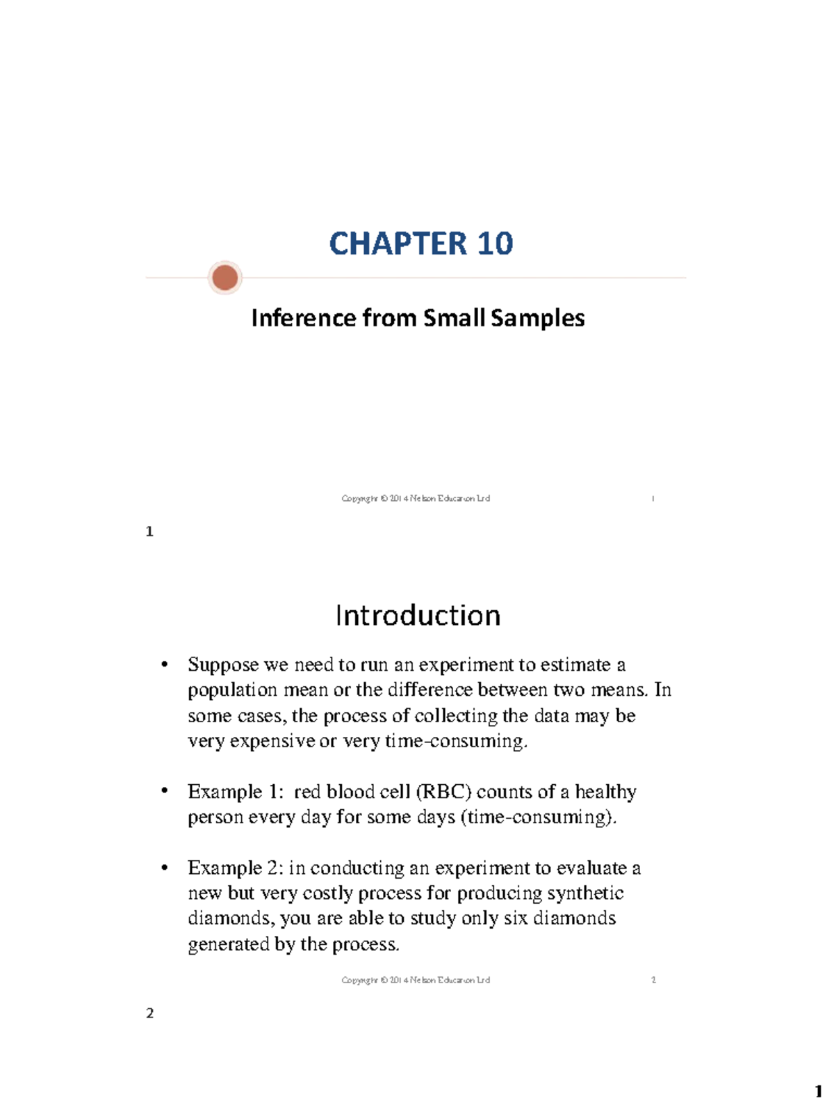 CHAPTER 10: Inference from Small Samples - t Distribution (Lecture ...